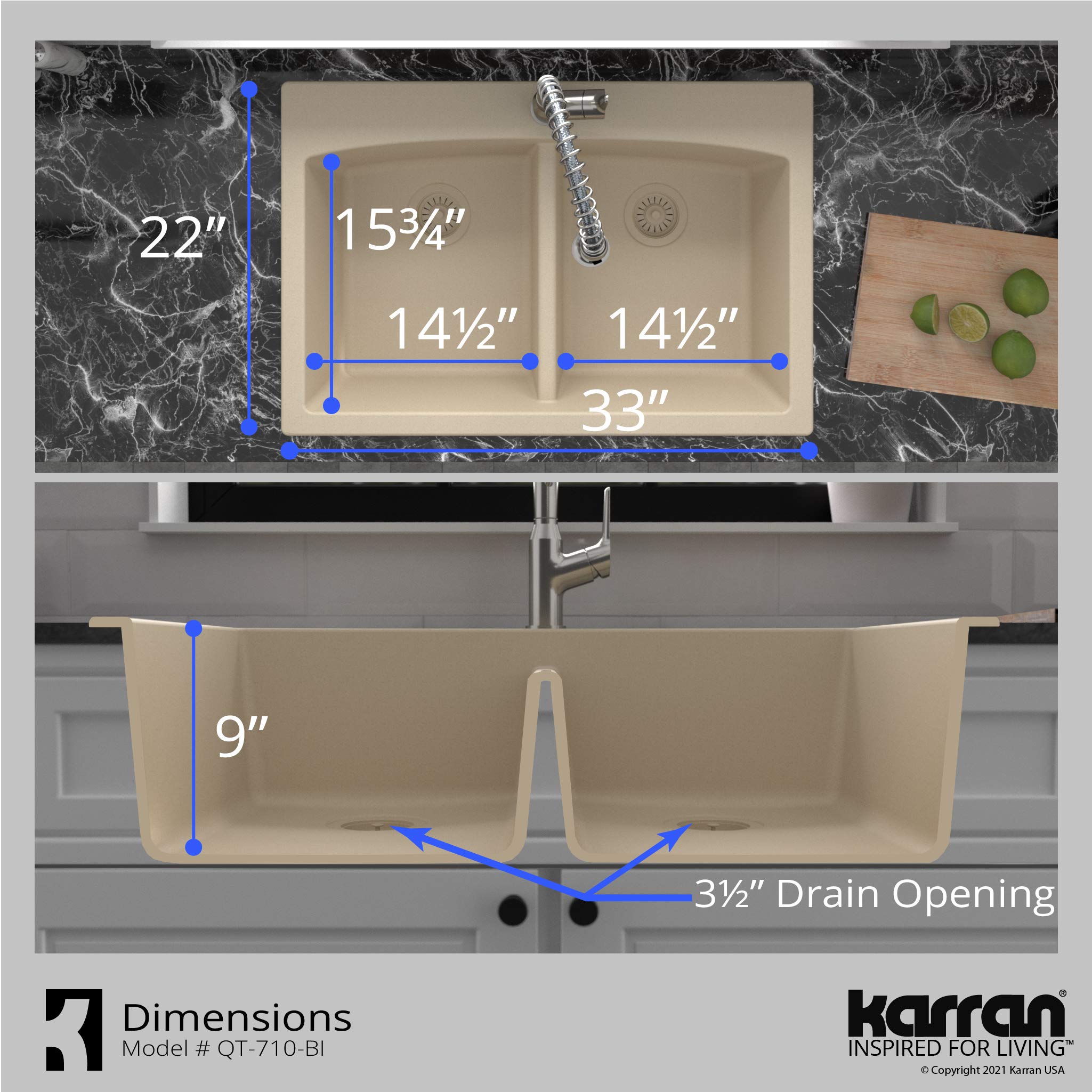 Karran QT-710 Drop-in Quartz Composite 33 in. 1-Hole 50/50 Double Bowl Kitchen Sink in Bisque