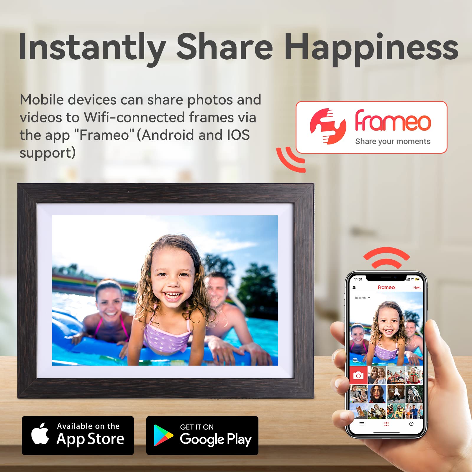 Digital Picture Frame, Frameo WiFi 10.1" Smart Digital Photo Frame, 1280x800 IPS TouchScreen Large Memory Wall-mountable Auto-Rotate, Easy to Set Up Share Photos Video via Frameo App Ideal Gifts-Brown