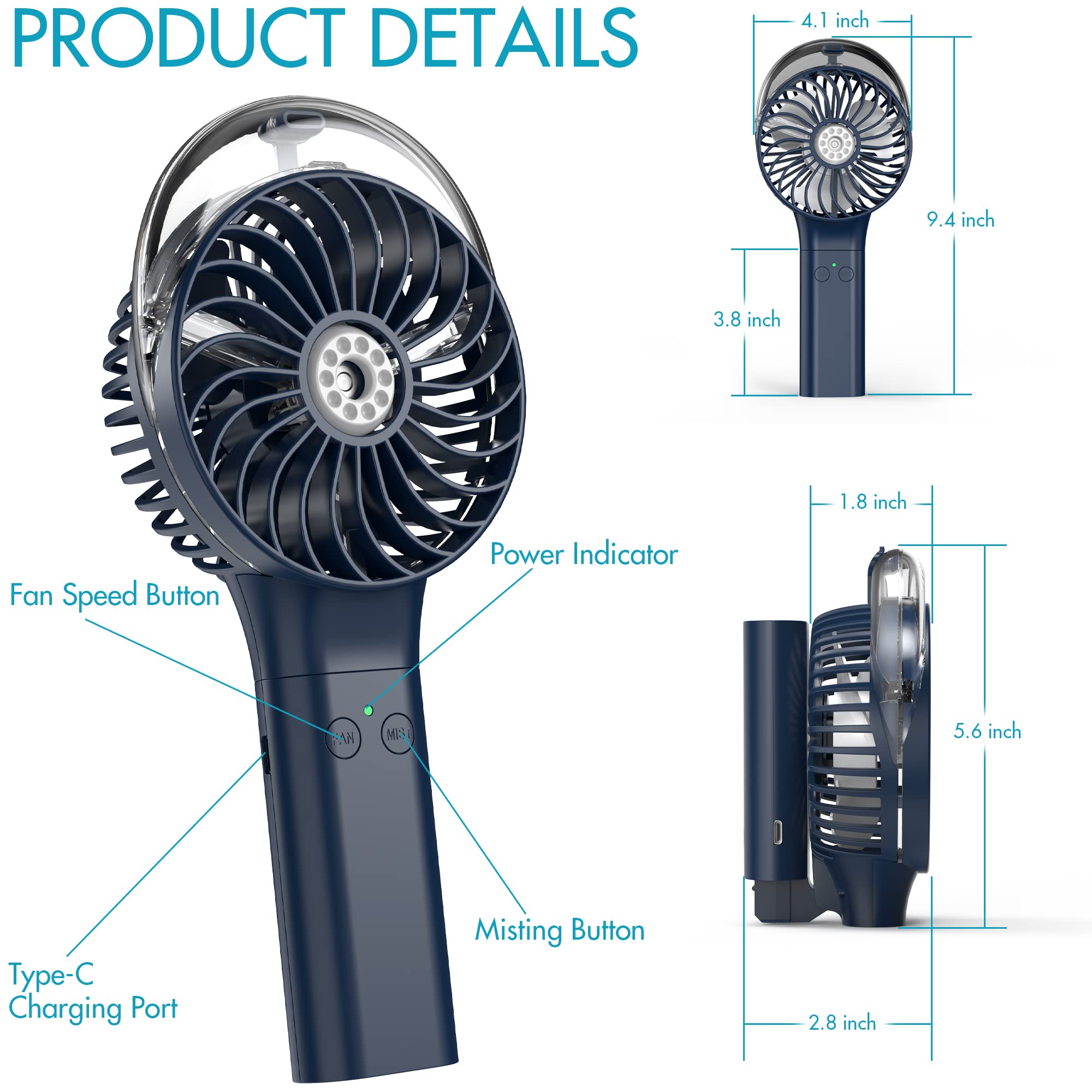COMLIFE Handheld Misting Fan, USB or Rechargeable Battery Powered, 50ml Large Water Tank 3 Powerful Speeds 180° Foldable Spray Fan for Desktop Home Office Dorm Hiking Travel Outdoors