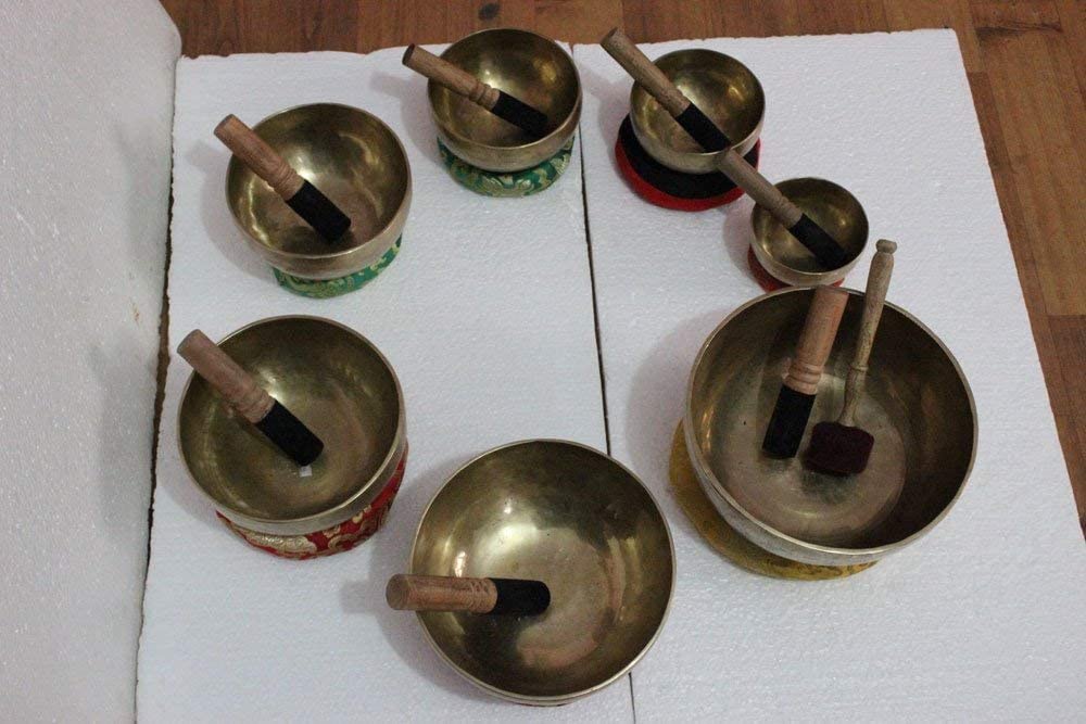 Set of 7 pieces ~ Hand Hammered Yoga Meditation Bowls 5"-10" included 7 Mallets, 7 cushions & 1 drum stick.