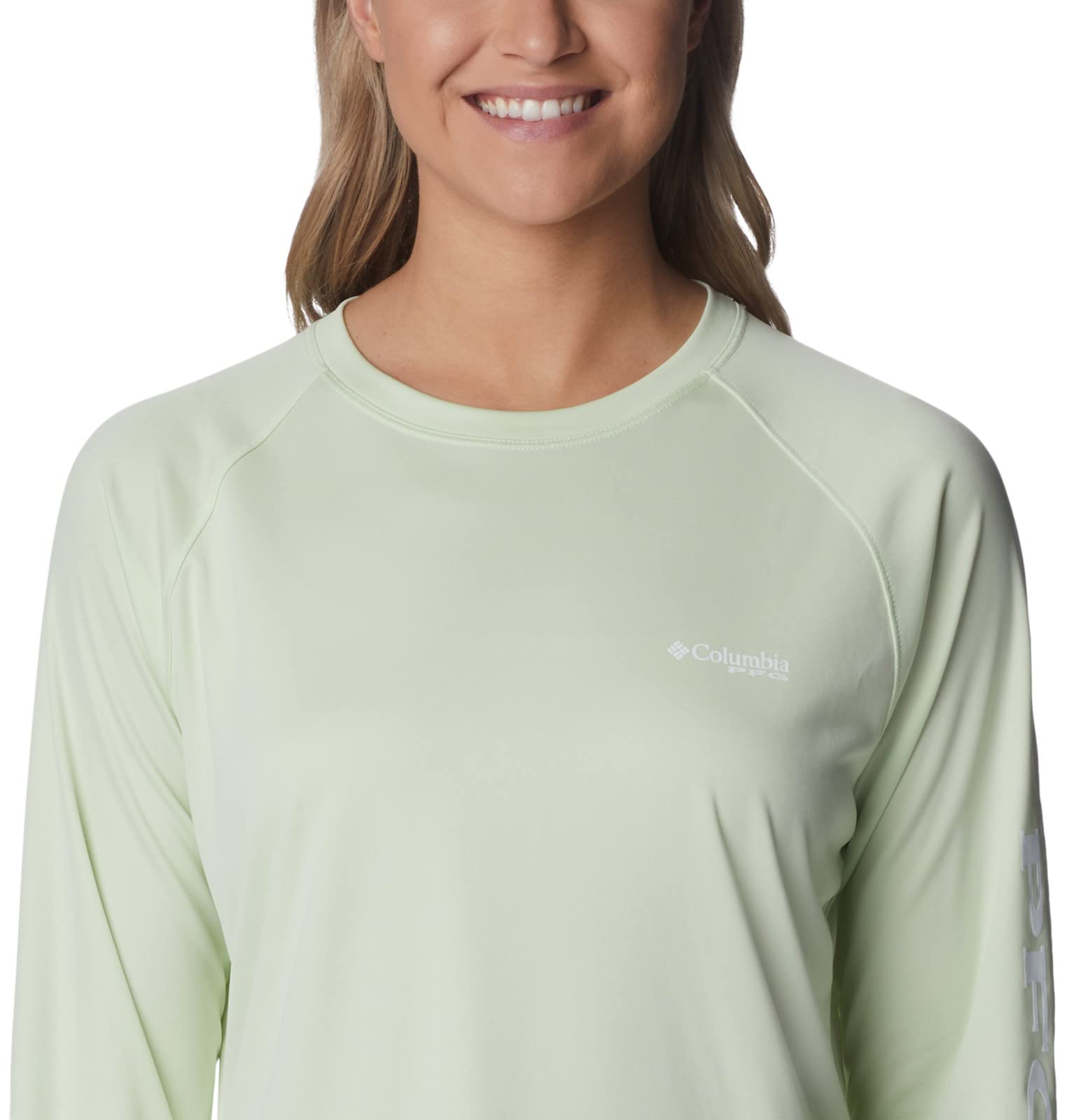 Columbia Women's Plus Size PFG Tidal Tee II Sun Protection Long Sleeve Shirt, Light Lime/White Logo, 2X