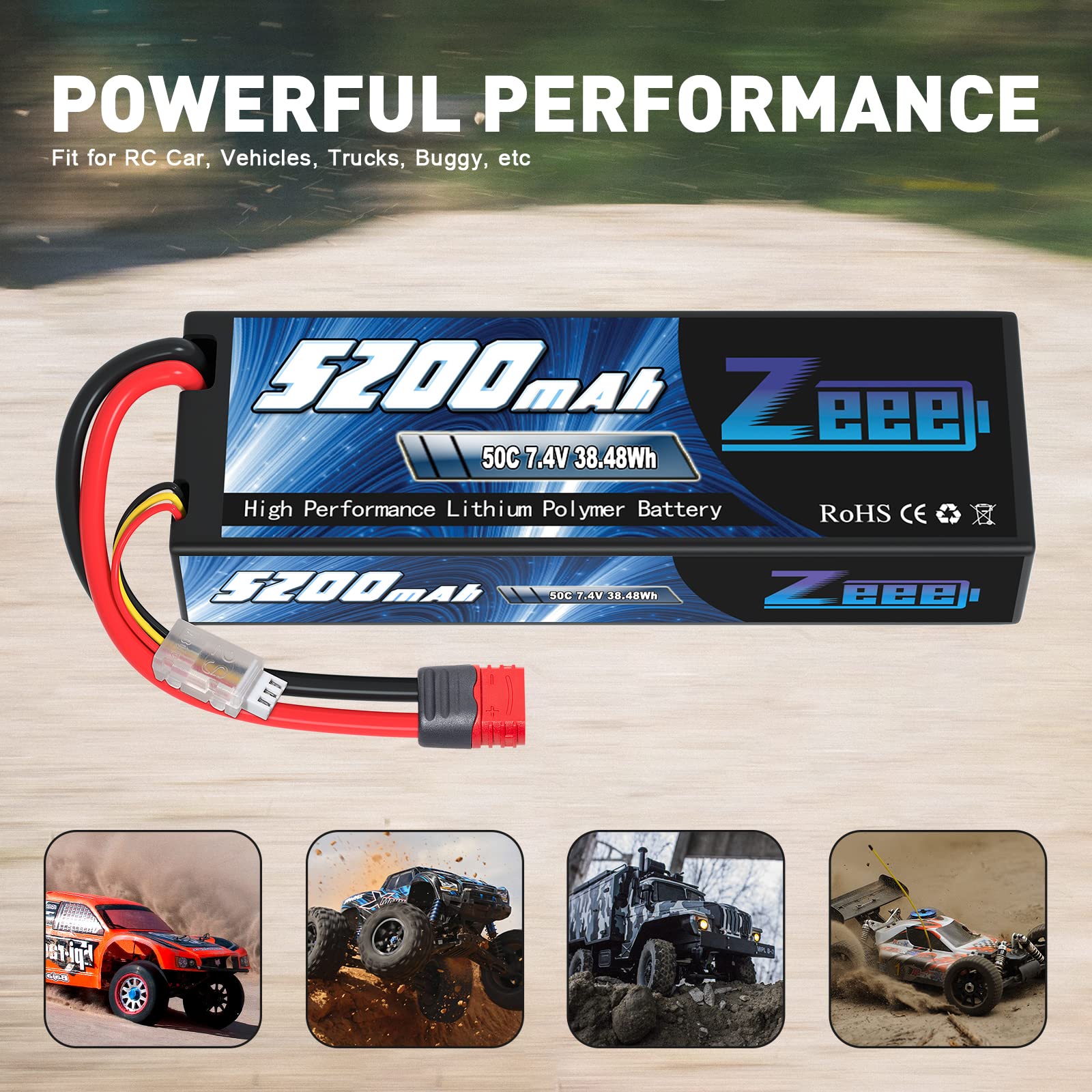 Zeee 2S Lipo Battery 5200mAh 7.4V 50C Deans T Plug with Housing Hard Case Battery for 1/8 1/10 RC Vehicles Car Slash RC Buggy Truggy RC Truck Racing Hobby(2 Pack)