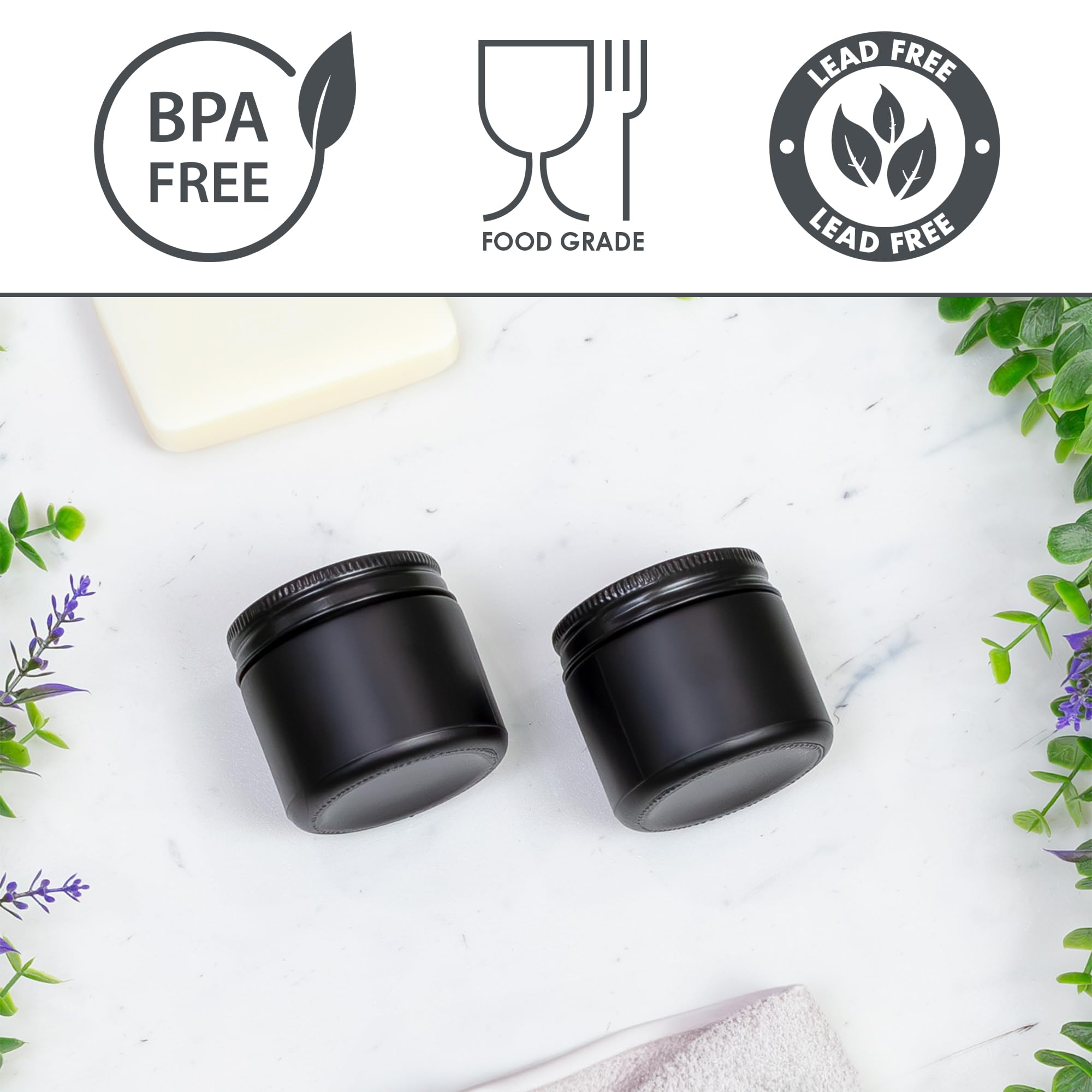 Cornucopia 2-Ounce Black Coated Glass Jars (12-Pack); Cosmetic Jars with Black Metal Lids and Black Matte Exterior