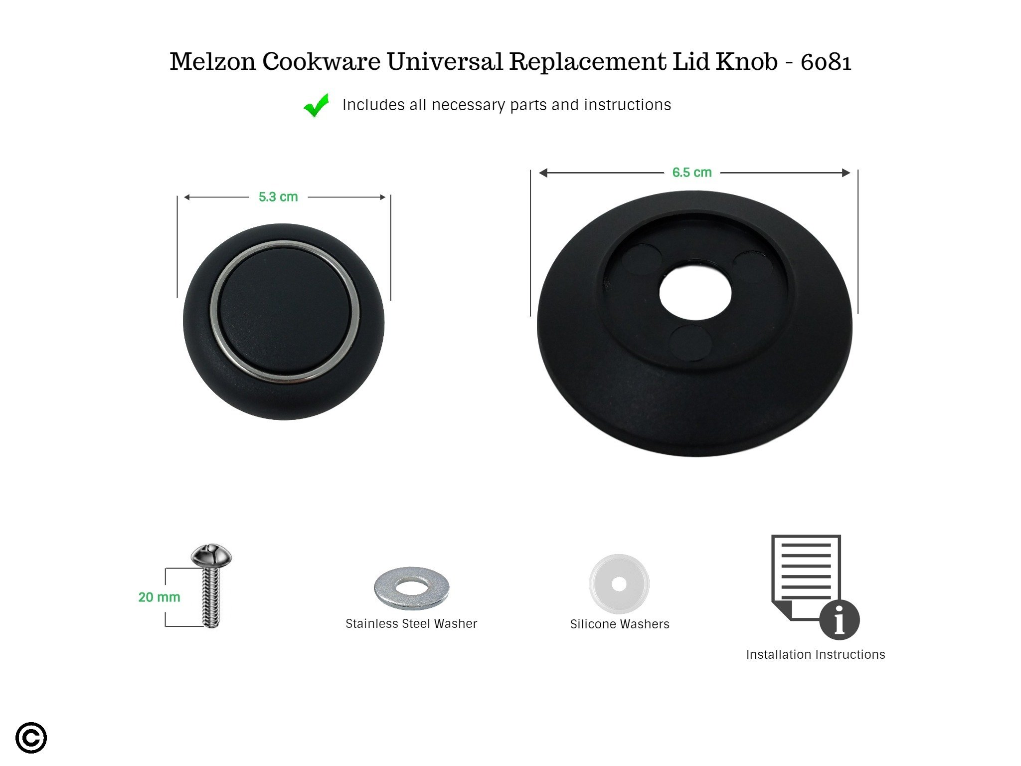 Melzon Cookware Universal Replacement Lid Knob β Heat Resistant, Bakelite Kitchen Pot Lid Handle, Black w/Silver Lining (1)
