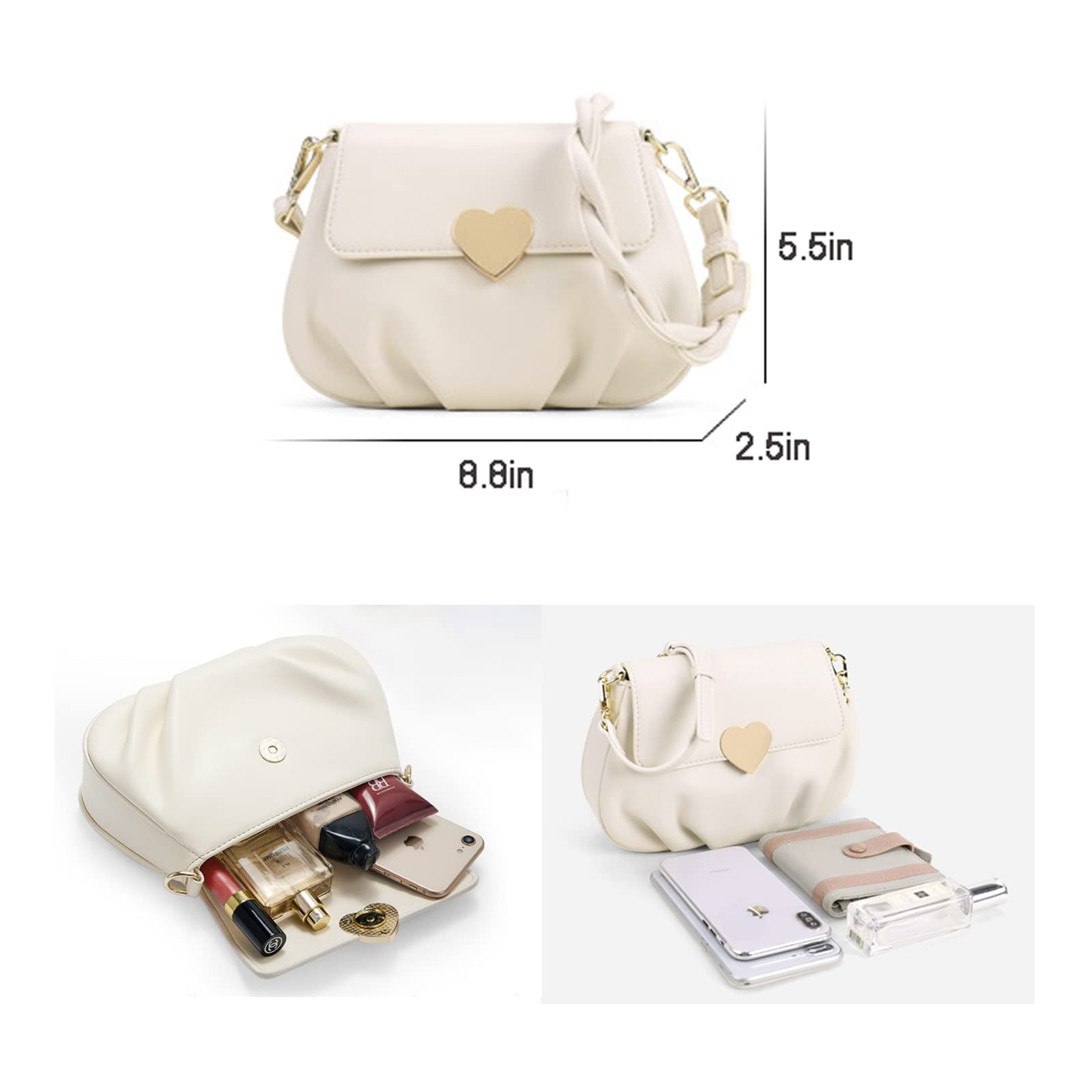 ZEHO Cloud Crossbody Shoulder Bag Dumpling Purse Women Small PU Leather Crossbody Bag Girls Ruched Handbag, White