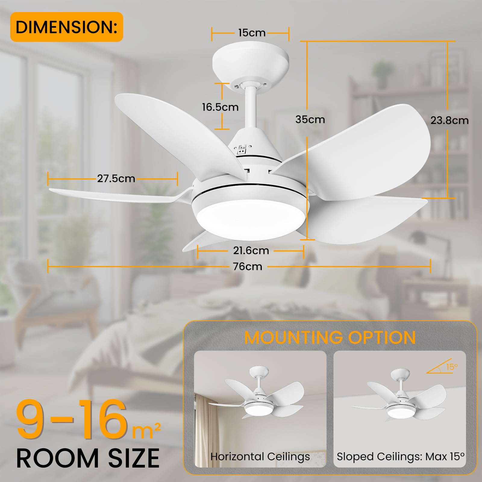 CJOY Ceiling Fans with Lights, 30 inch Small White Ceiling Fan with Light and Remote, LED Dimmable & Memory Function, 5 ABS Reversible Blades Fan Light for Kids Bedroom/Sloped Ceilings