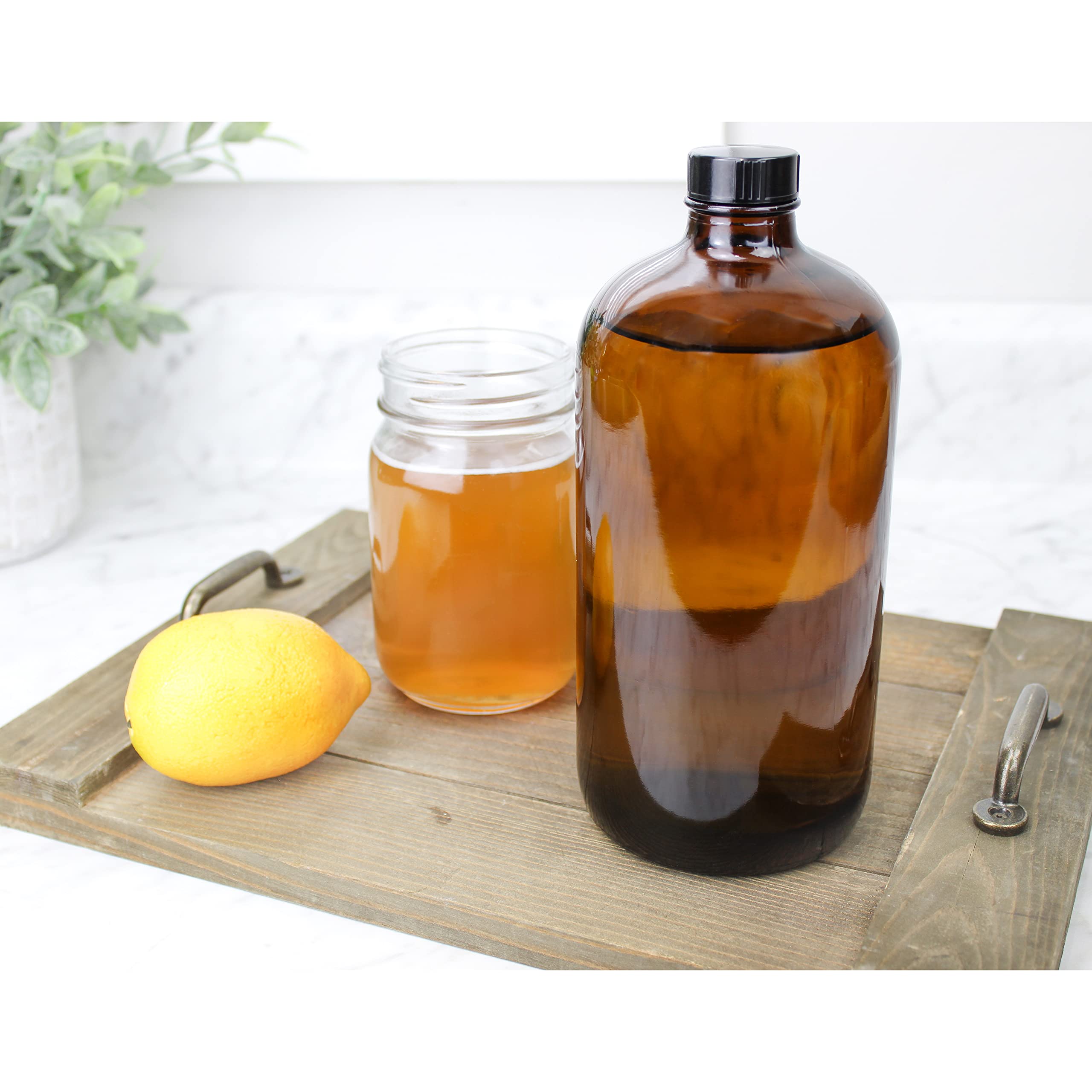 Cornucopia 32-Ounce Amber Kombucha Growler Bottles, 4-Pack, 1 Quart Boston Round Glass Bottles with 6 Polycone Phenolic Lids for Home Brewing