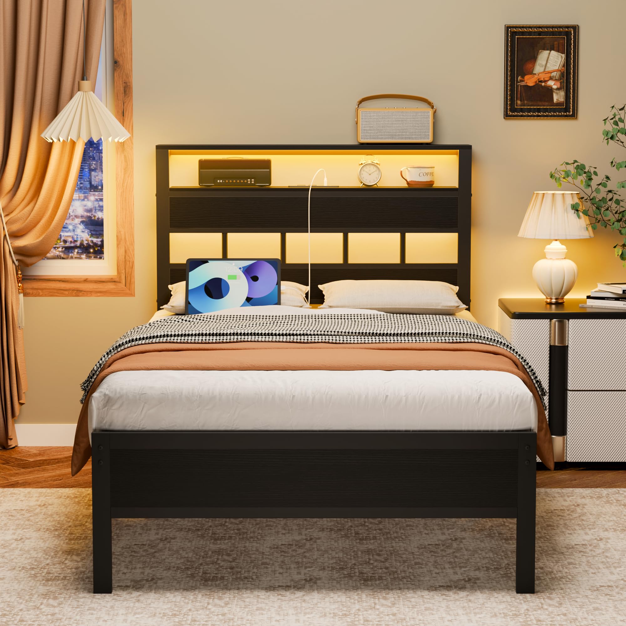 Furnulem Twin Size Bed Frame with Charging Station and LED Lights, Platform Bed with Metal Slats, Grey Upholstered Headboard with 2-Tier Storage Shelves, No Box Spring Needed