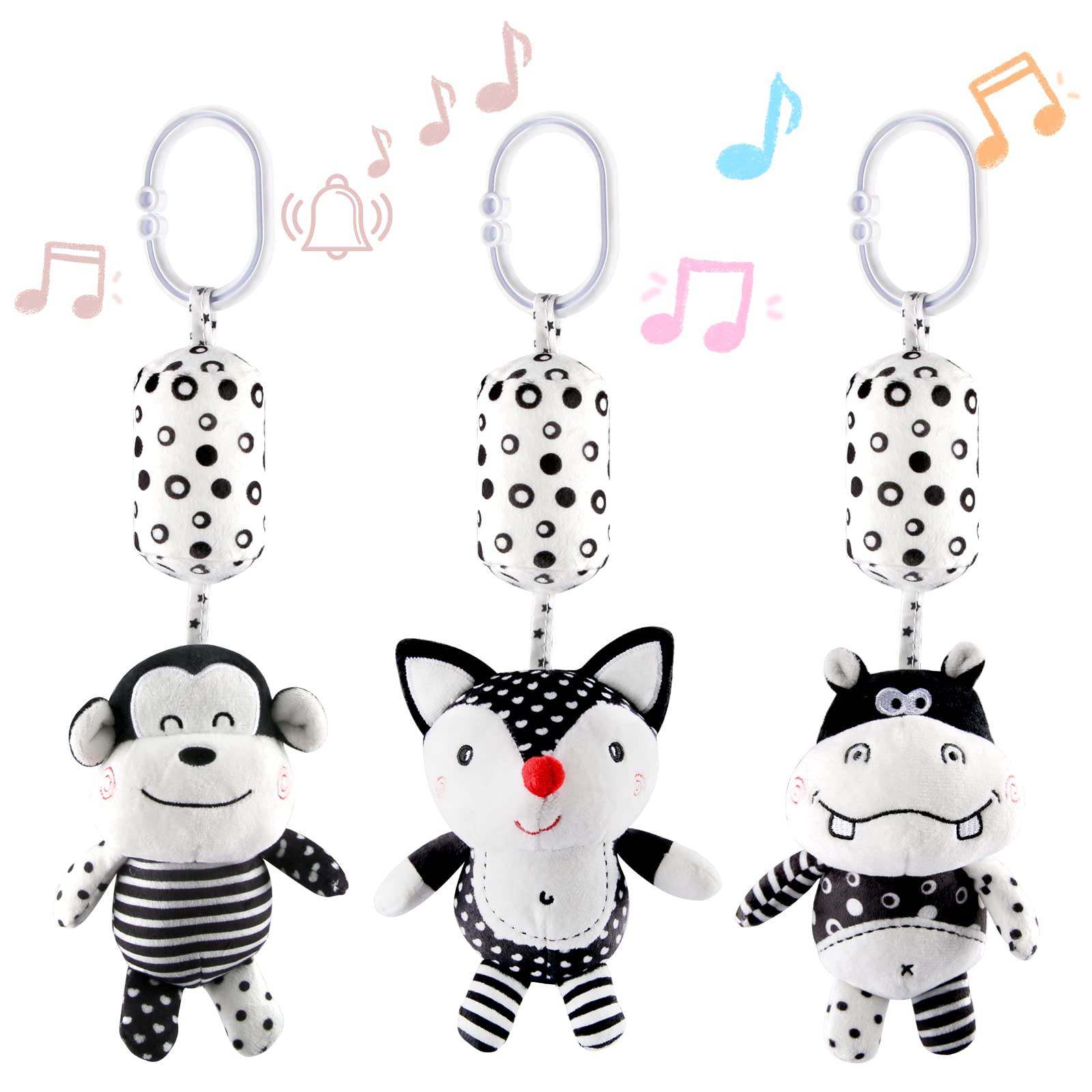 ZEIZRWK Hanging Rattles Toys White & Black Stroller Toy, Newborn Toys Infant Toys Crib Toys, Soft Plush for Stroller Car Seat Crib with Wind Chimes, Best Birthday Gift for Newborn(Fox Monkey Hippo)
