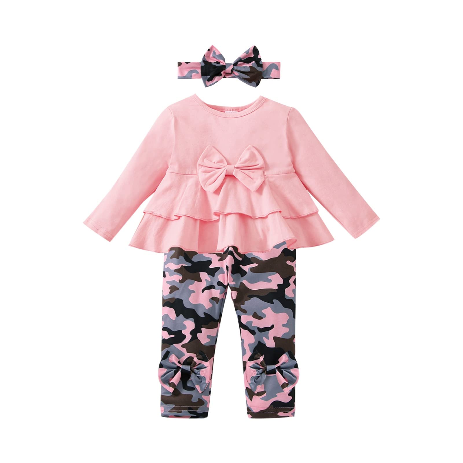 FOCUTEBB Baby Girl Clothes 12-18 Months Infant Girl Sweatshirt Outfits Fall Winter Outfits Long Sleeve Ruffle Tops Camo Pants Sets Headband Pink 12 18 Months