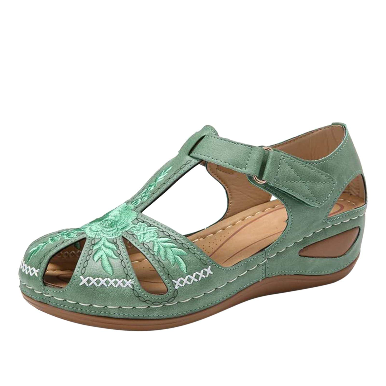 Cfcys Closed Toe Sandals - Women's 90S Vintage Flower Pattern Embroidery Upper Wedge Shoes Ankle Wrap Hook & Loop Sandals, Green, 7.5