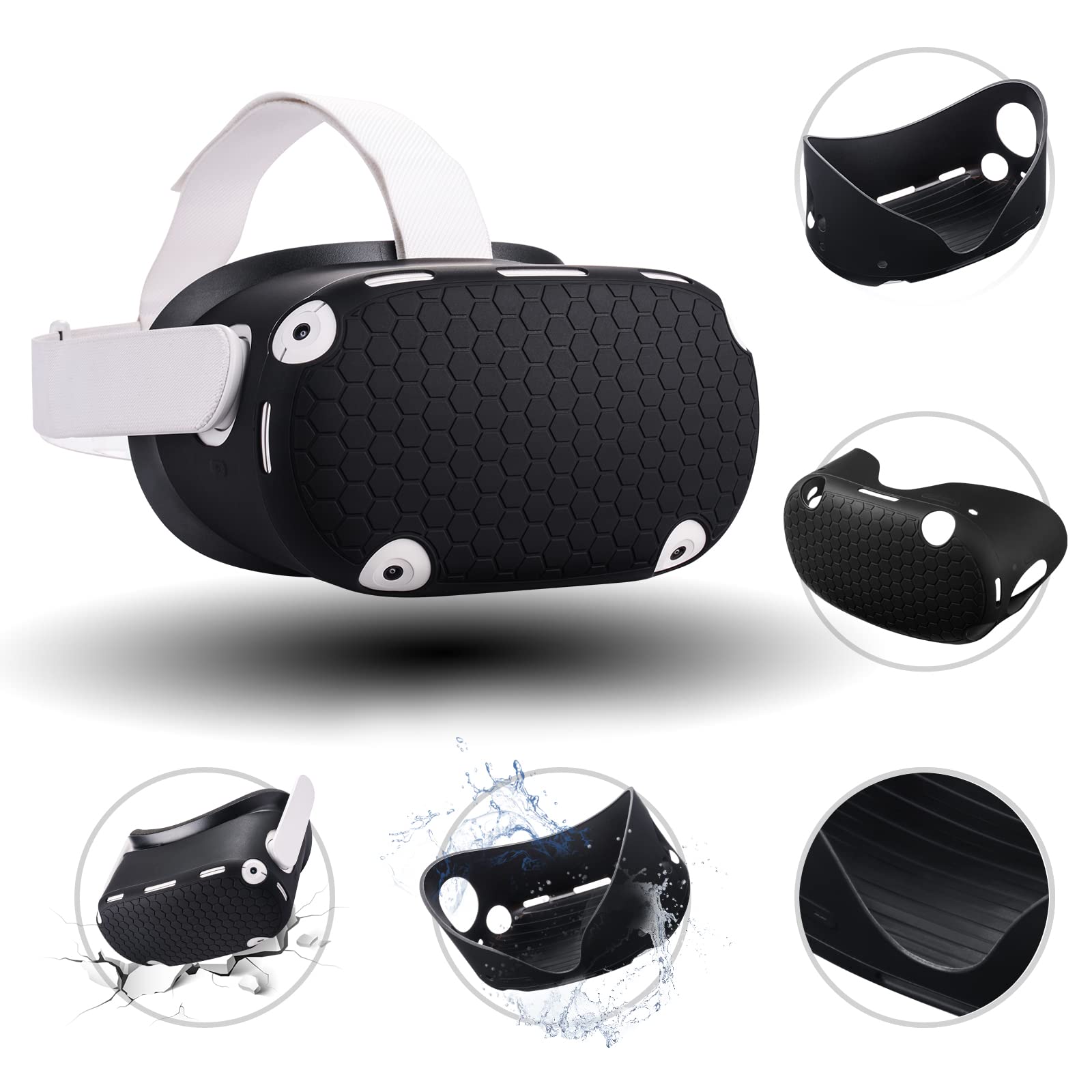 Compatible with Oculus Quest 2 Silicone Case Accessory with VR Case Cover, Silicone VR Face Cover Pad and Touch Controller Grip Cover Compatible with Quest 2, Lens Cover, Eye Mask (Black)