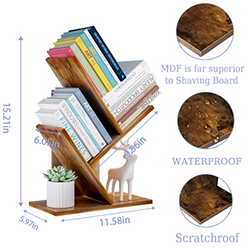 R RUISHENG Wood Tree Bookshelf, 3 Shelves Display Bookcase for Books/Magazines/CDs, Desk Standing Book Shelves Organizer for Office, Bedroom, Living Room