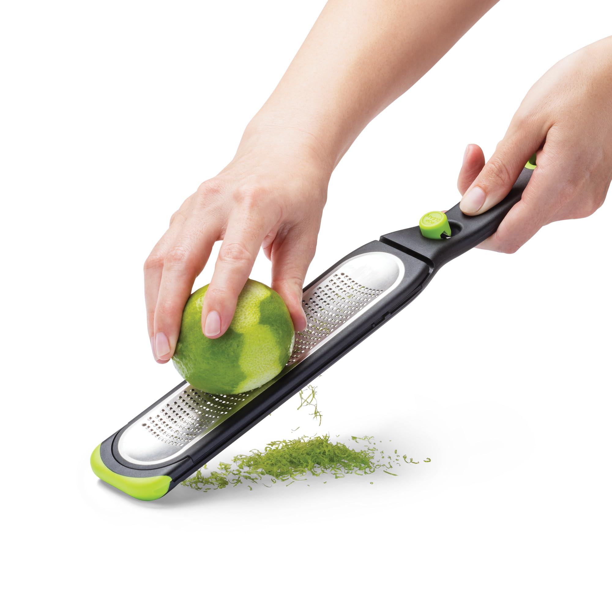Dreamfarm Ozest Self-Cleaning POP-Button Zester for Fine, Fluffy Citrus Zest, Cheese, Nut, & Spices with Non-Slip Silicone Foot - 1mm Zester, Black/Green