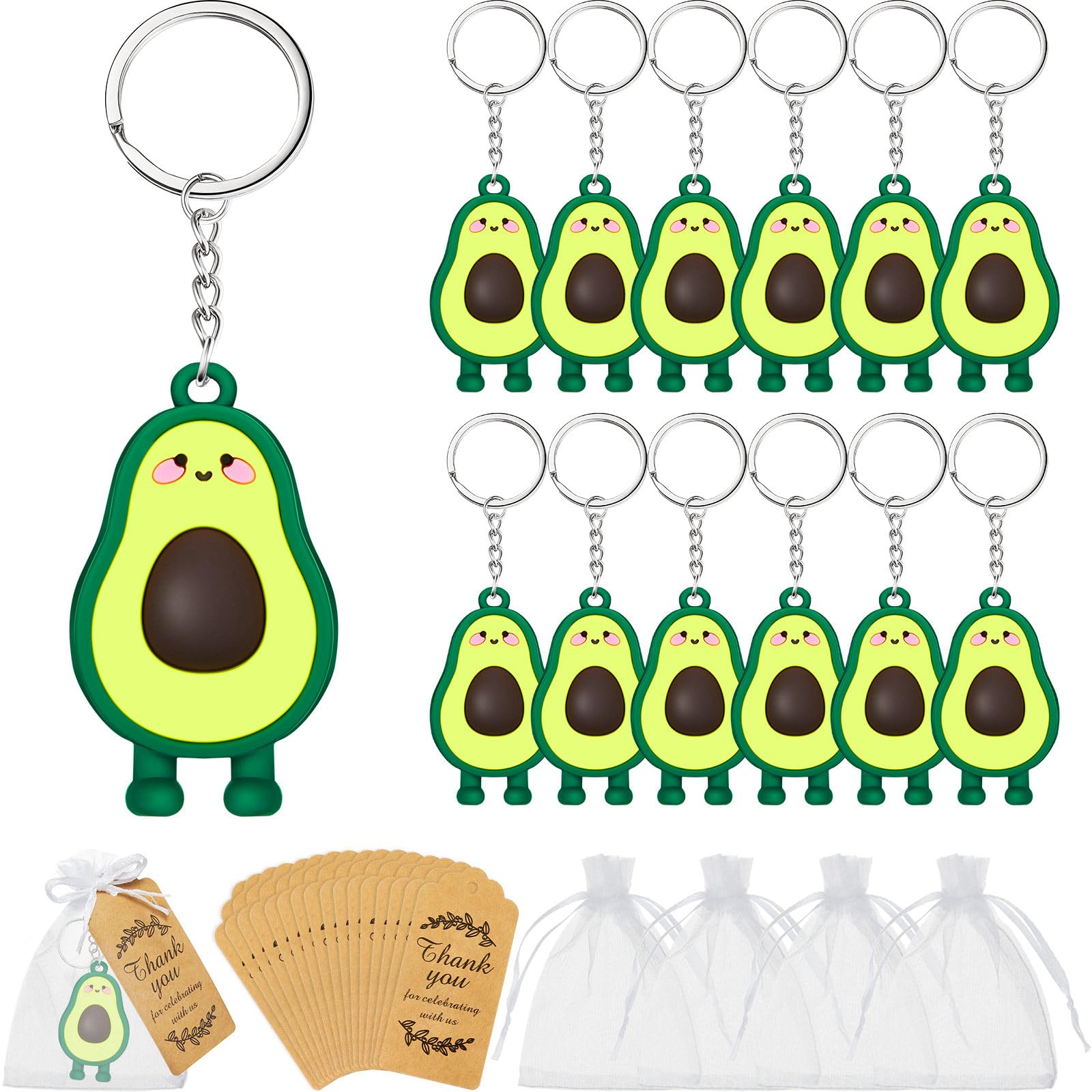 Huquary 36 Pieces Fruit Party Decorations Including 12 Avocado Keychain 12 Thanks Kraft Tags and 12 White Organza Bags for Tropical Avocado Mexican Baby Shower Birthday Friendship Fiesta Party, Green