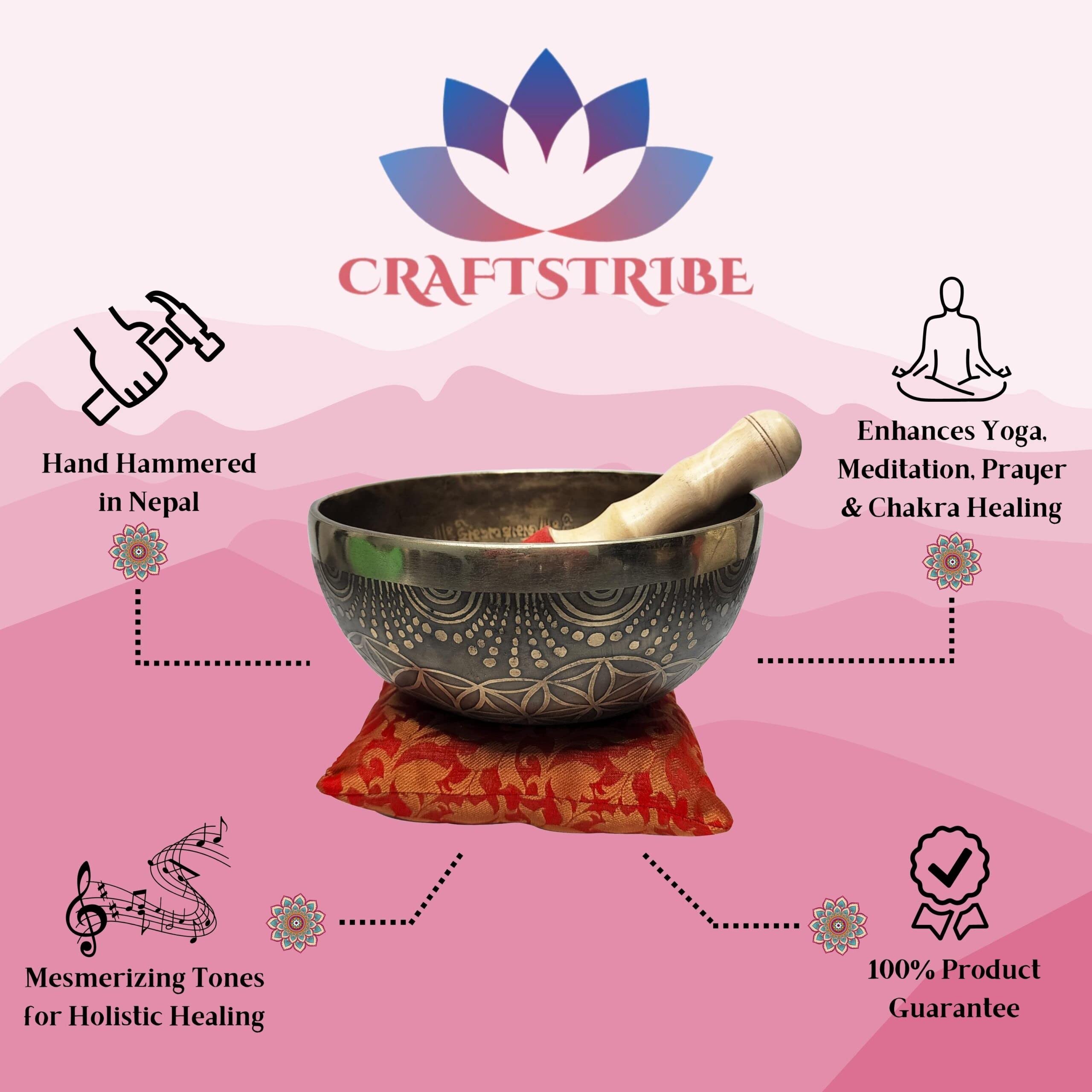CRAFTSTRIBE 10" Large Hand Hammered Tibetan Carving Singing Bowl Meditation Healing Bowl with Mallet and Silk Cushion Golden