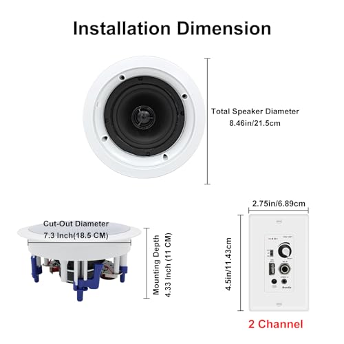 Herdio Home Audio Package Wall Mount Bluetooth Amplifier Receiver System with 300W in Ceiling Wall Passive Speakers Perfect for Home Theater Office Bathroom Kitchen Living Room (A Pair)
