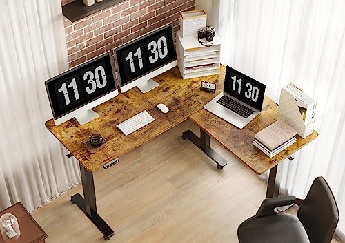 Claiks Triple Motor L Shaped Standing Desk, 63 x 55 inch Corner Stand Up Desk, Adjustable Height Desk with Splice Board, Black Frame/Rustic Brown Top
