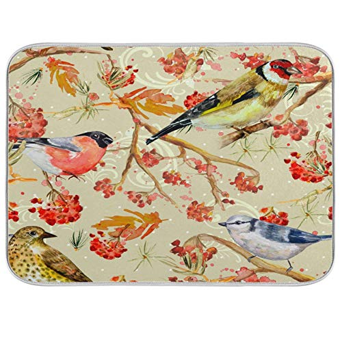 Vintage Cute Birds Watercolor Dish Drying Mat 24"x18" Absorbent Machine Washable Hanging Fast Dry Pad Dish Protective Mat for Kitchen Countertop Heat Resistant Dinner Table Mat