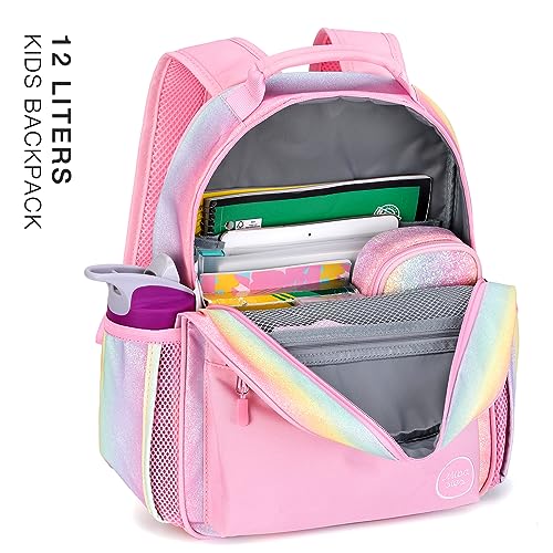 mibasies Girls Backpack for School, Kids Backpack School Bag for Elementary Age 5-8, Pink Blue Rainbow