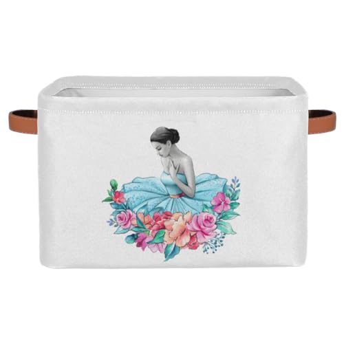 cfpolar Collapsible Storage Bin Floral Ballerina Girl Storage Basket Rectangular Fabric Storage Basket with Handle Home Storage Organizer for Bedroom Decor Toys Books Nursery Clothes Gift Basket