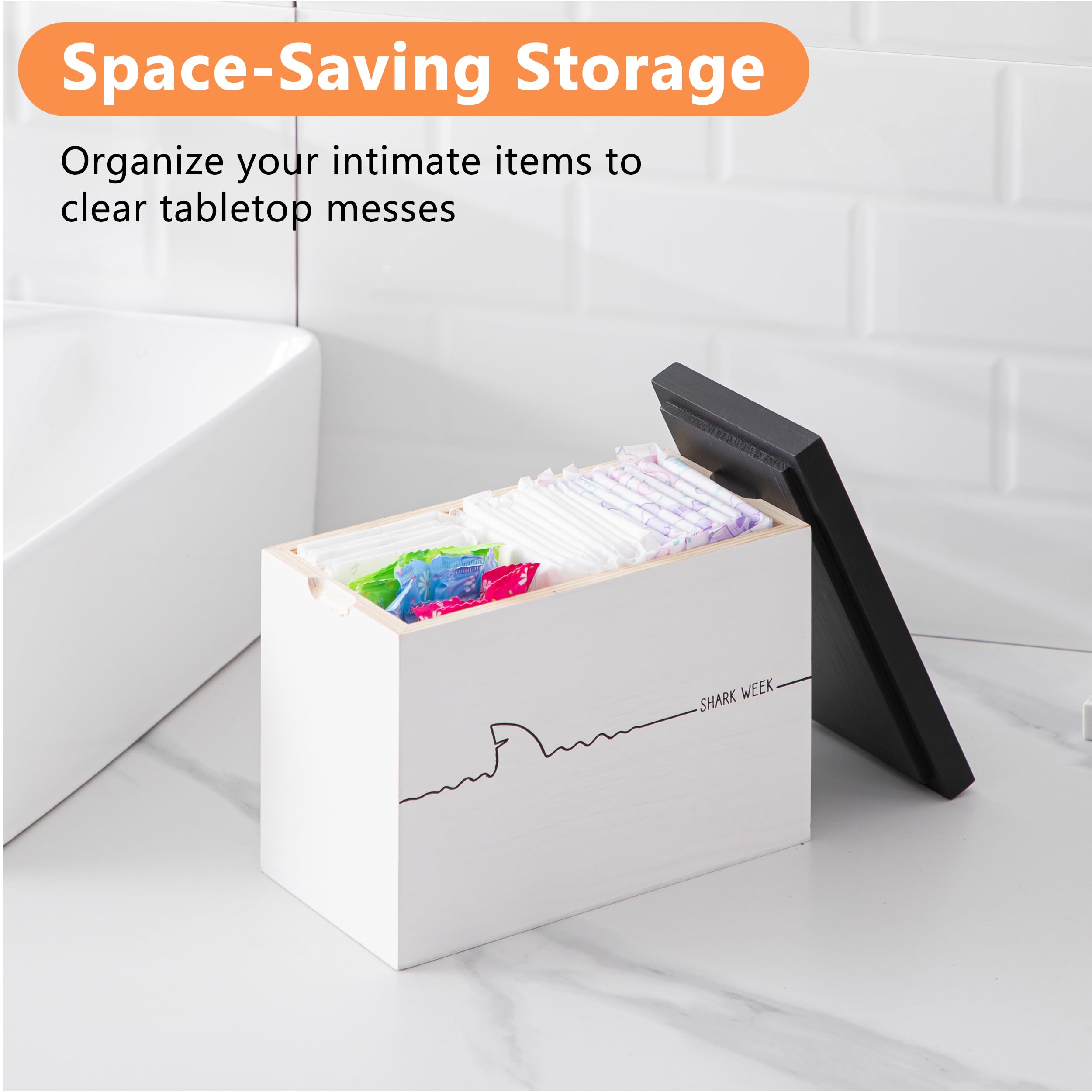 GMFINE Wooden Tampon Holder for Bathroom with Vanity Tray Lid, Feminine Product Organizer Shark Week Tampon Storage Box Container, Pad and Tampon Bathroom Organizer, 8" L x 5" W x 6.5" H (Shark Week)