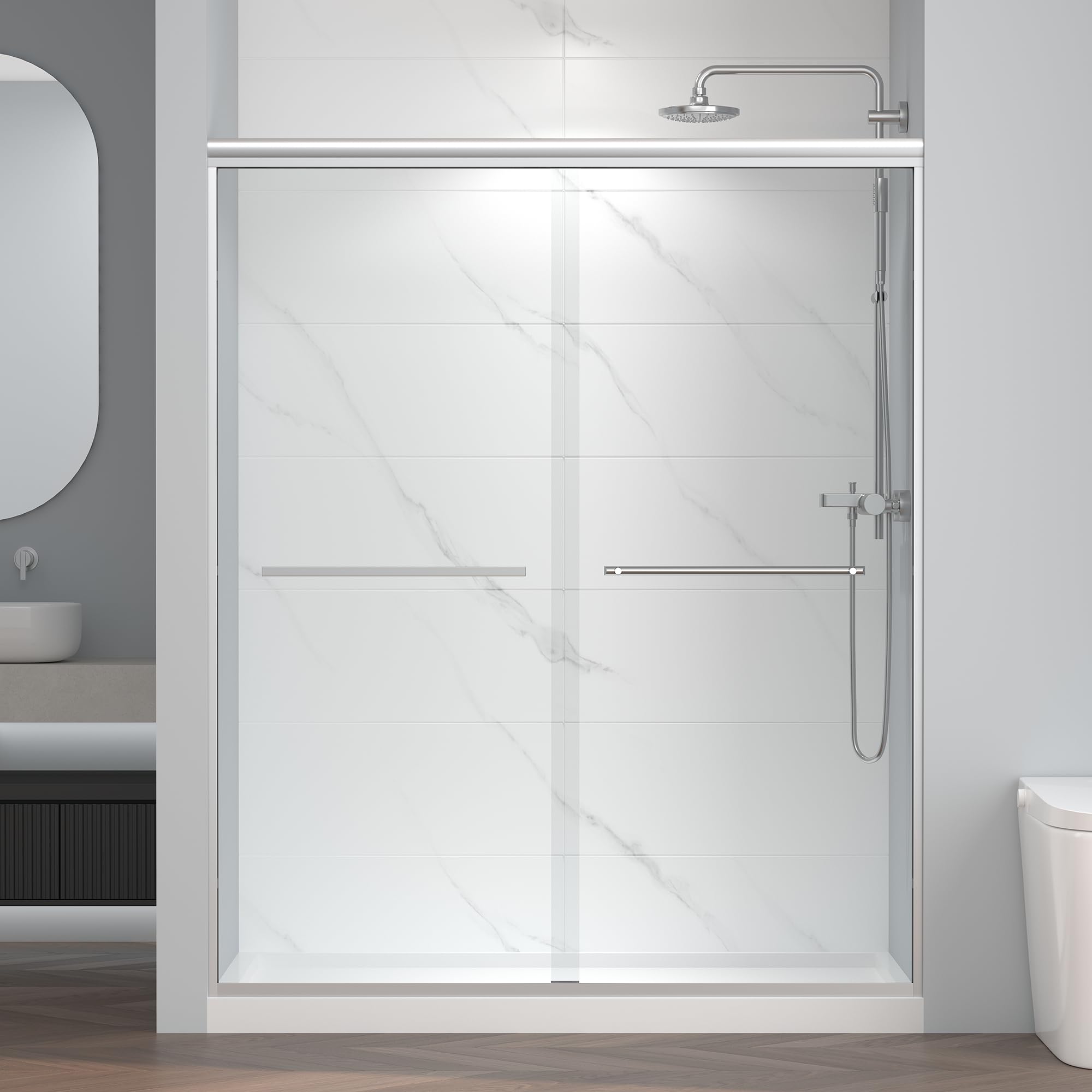 ENSO SENKA Shower Doors 56-60" W X 72" H Semi Frame Double Sliding Bathroom Glass Shower Door, 1/4" (6MM) Thick Clear SGCC Tempered Glass, Matte Black