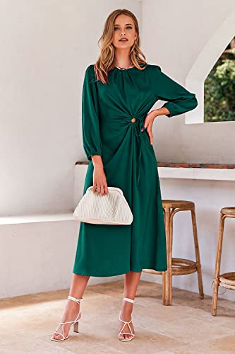 PRETTYGARDEN Women's 2023 Satin Maxi Dress Puff Long Sleeve Crewneck Cutout Casual A-line Long Flowy Dresses (Dark Green,X-Large)