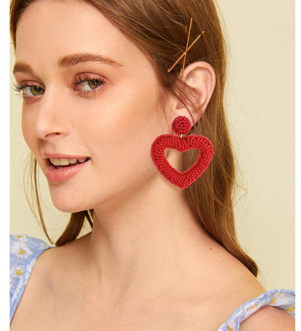 CEALXHENY Beaded Drop Earrings Handmade Seed Bead Heart Hoop Dangle Earrings Bohemia Statement Earring Studs for Women (Red)