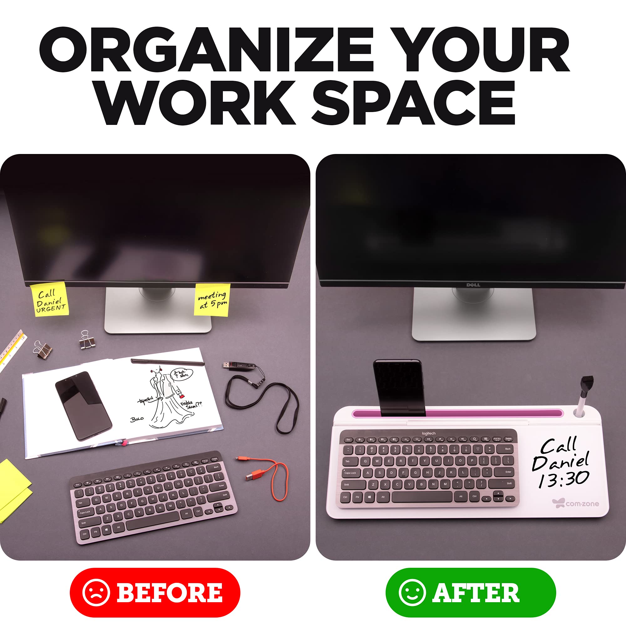 Com Zone Glass Desktop Whiteboard pad, 17.7β 8β, Small Dry Erase White Board, Computer Keyboard Stand, Tilt Surface for Comfortable Writing & Typing, Desk Organizer - Drawer for Storage Accessories