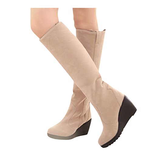 FASDNENDYS Boots for Women Low Heel Warm Wedges Boots for Women Long Boots Boots Shoes Booties Leopard Print Snow Boots Beige