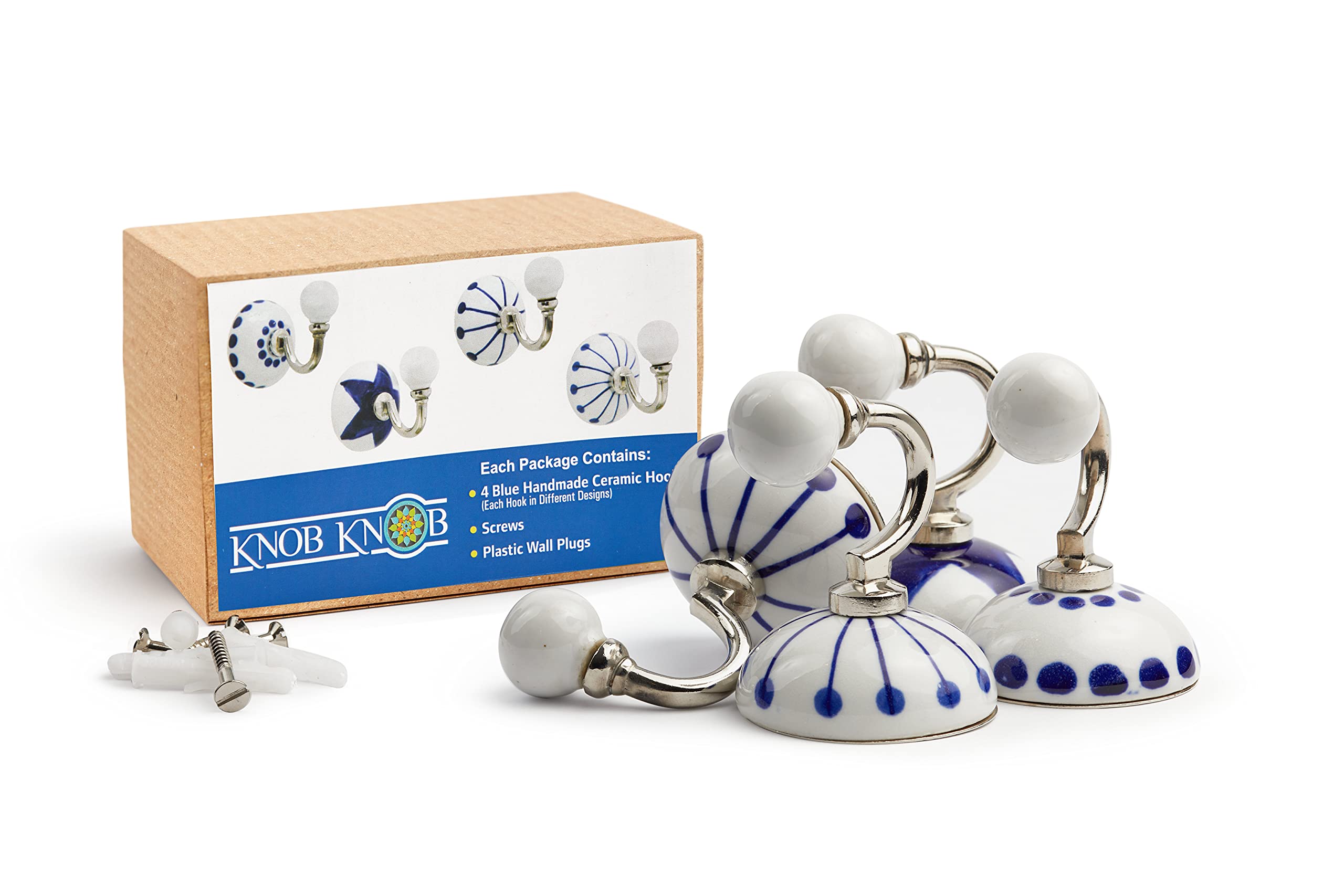 KnobKnob Set of 4 Handmade Coat Hooks | 4 Different Color Design Ceramic Towel Hooks | Wall Hooks Ideal for Any Home, Kitchen, Bathroom or Office | Antique Ceramic Hook Sets are Available (Blue)