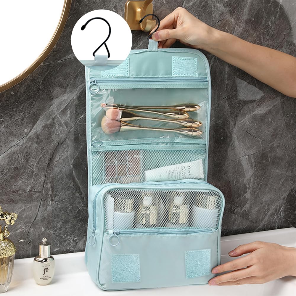 SRVR Toiletry Bag for Women Hanging Toiletry Bag Water Resistant,Cosmetic Makeup Travel Organizer with Hanging Hook (Light Blue)