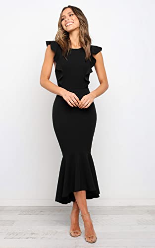 PRETTYGARDEN Womens Elegant Sleeveless Cocktail Dress Ruffle Mermaid Wedding Guest Midi Formal Dresses Black