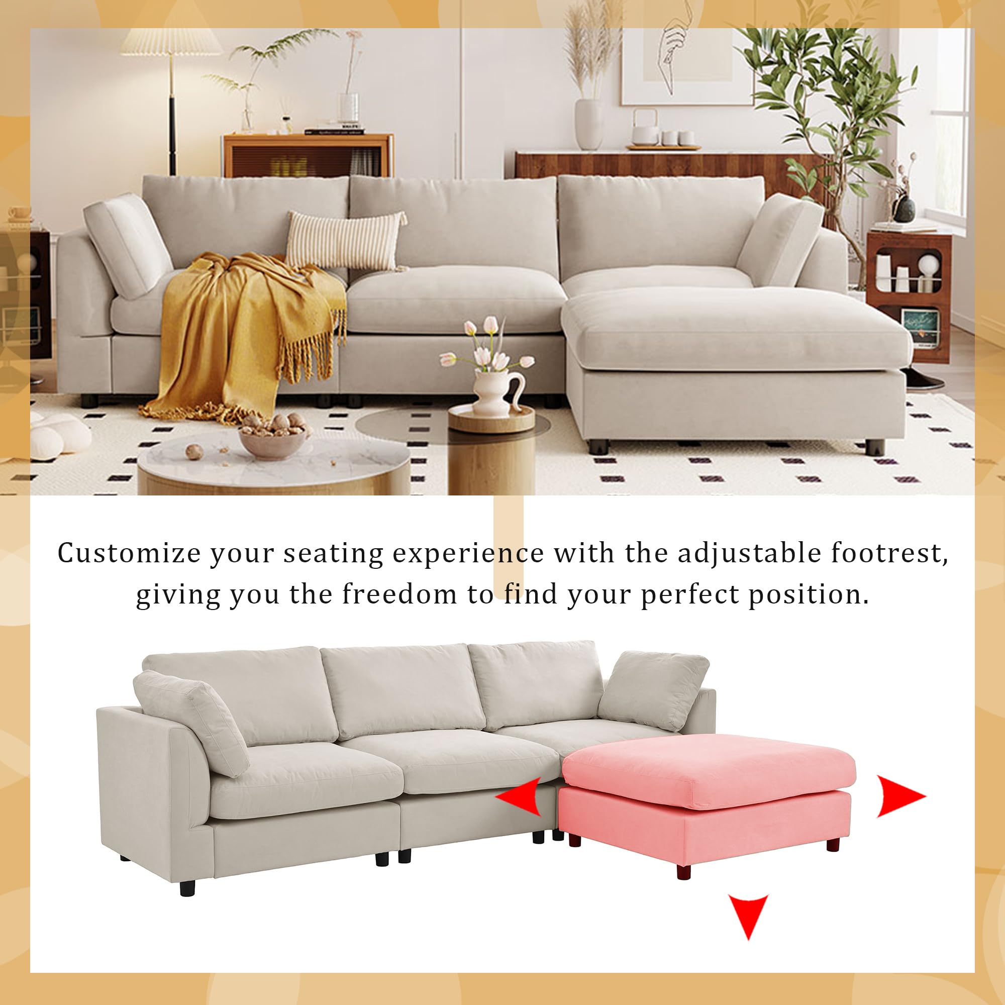 GNIXUU 113" Oversized L Shaped Sectional Sofa Couch, Modern Cloud Sectional Couch Set with Ottoman, Comfy Upholstered Modular Sofa Sleeper for Living Room, Apartment(Beige)