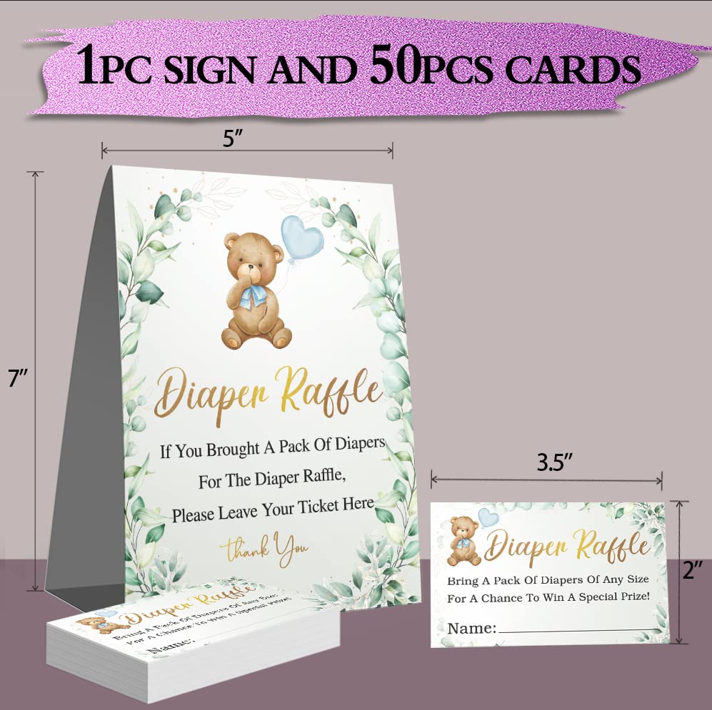 Diaper Raffle Sign,Eucalyptus Diaper Insertion Ticket,Balloon Bear Diaper Raffle Theme Baby Shower Game Kit (1 Sign & 50 Cards),Baby Shower Decoration