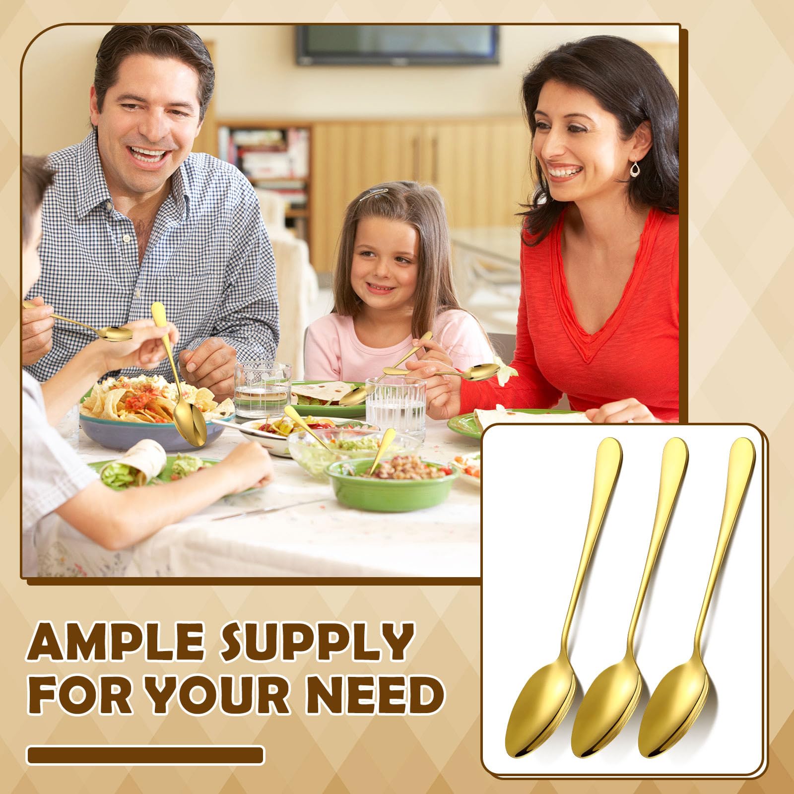 Hushee 50 Pcs Gold Spoons 8 Inch Stainless Steel Gold Dinner Spoons Dishwasher Safe Mirror Finish Soup Spoons Durable Metal Spoons Large Table spoons Titanium Spoons for Home Restaurant