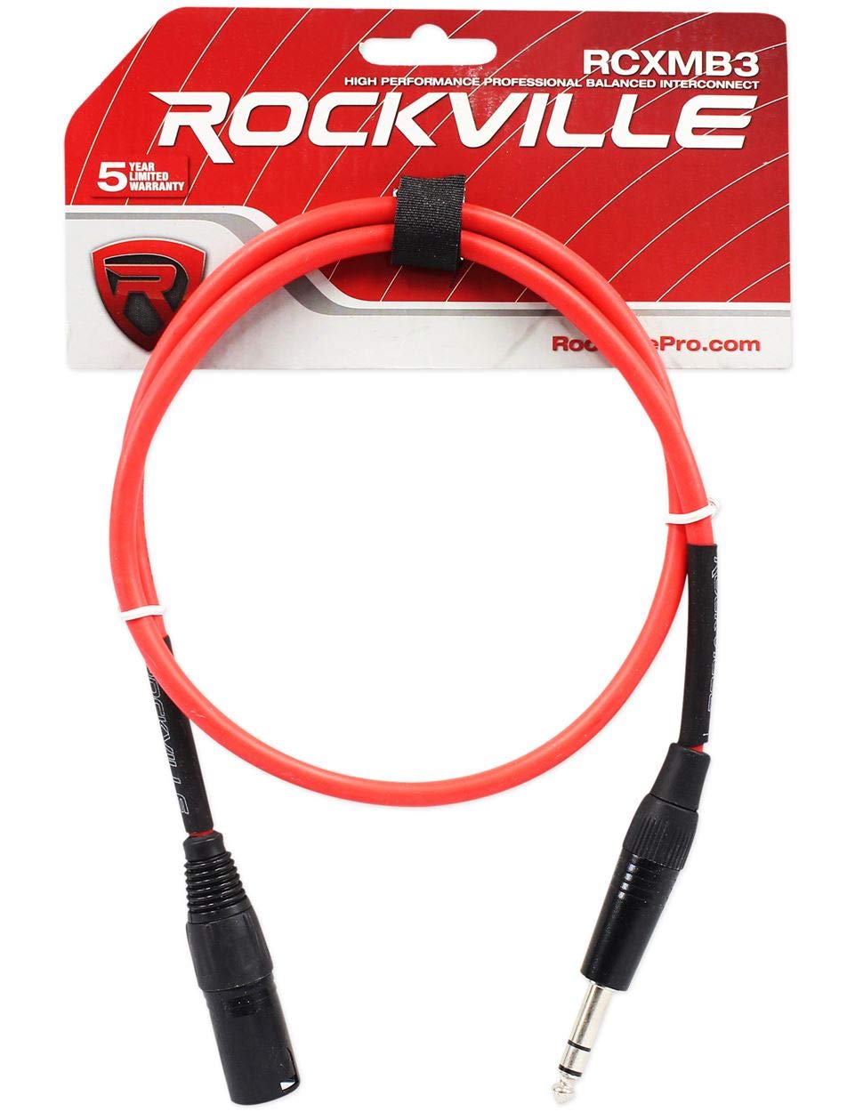Rockville RCXMB3R 3' Male REAN XLR to 1/4'' TRS Cable Red 100% Copper, 3 FT (RCXMB3-R)