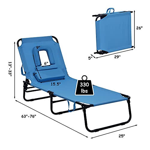 GYMAX Beach Lounge Chair, Sunbathing Chair Patio Lounge Chair Folding Adjustable Recliner with Hole for Face