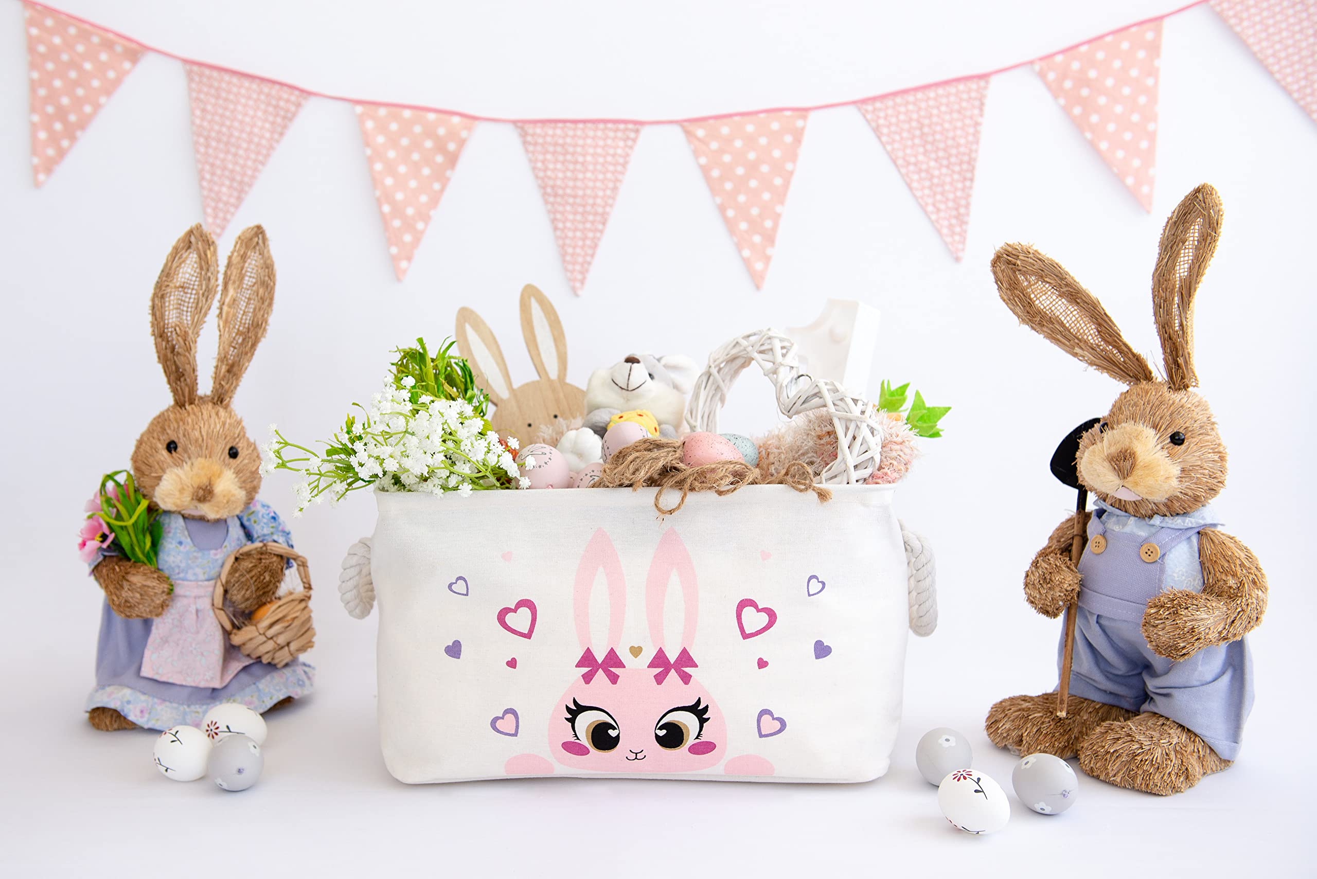 Kazulo Pink Bunny Easter Basket For kids, Rectangle Rabbit Basket, Easter Basket for Girls, Egg Hunt Bag For Boys and Girls,, Kids Easter Basket, Bunny Basket (Pink Bunny)