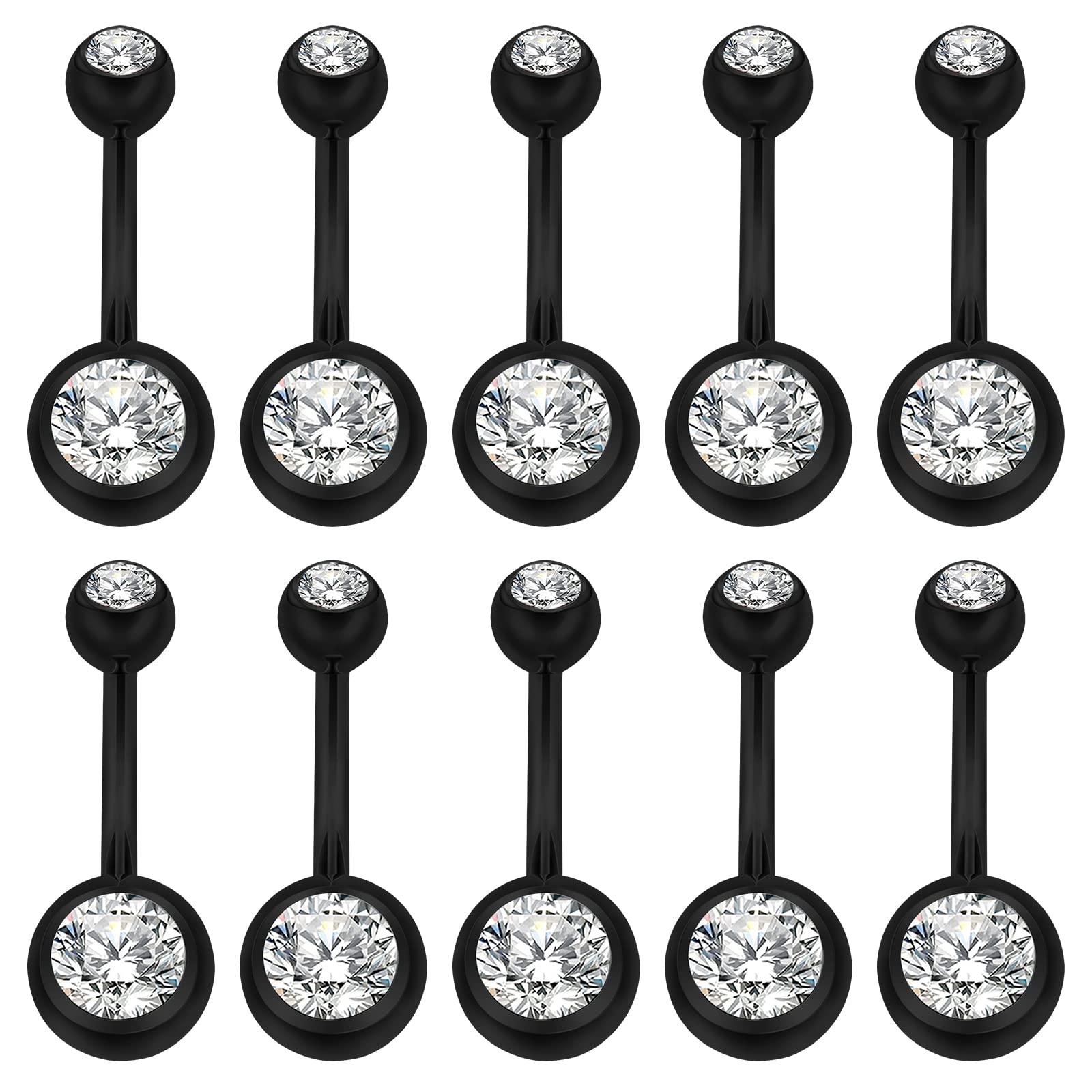 CrazyPiercing 10PCs 316L Surgical Grade Steel Rhinestone Belly Button Navel Ring Bar 23x8mm (Gold)