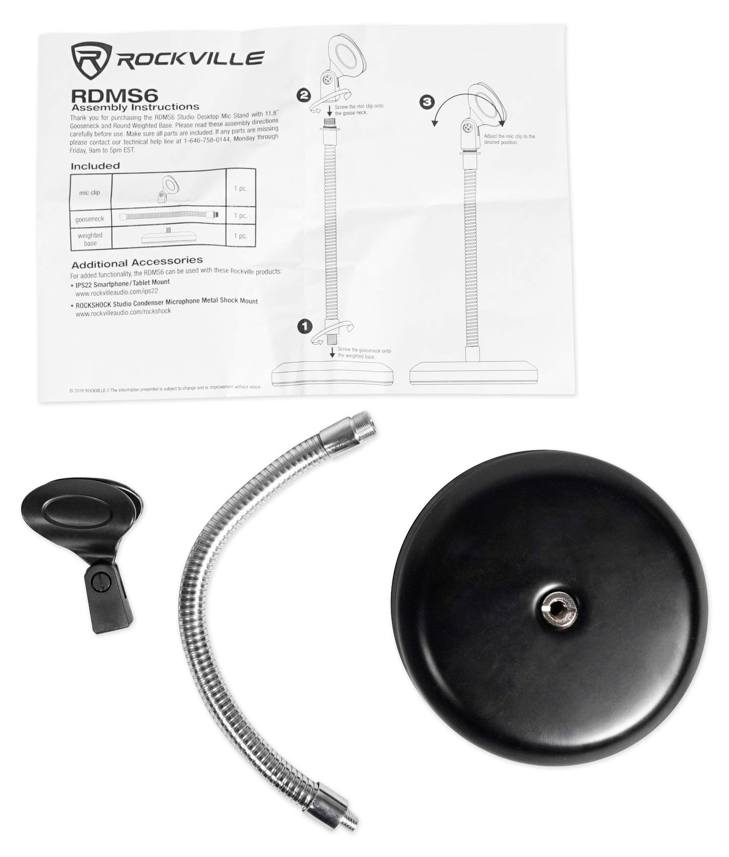 Rockville RDMS6 Studio Desktop Mic Stand w 11.8" Gooseneck+Round Weighted Base, Black