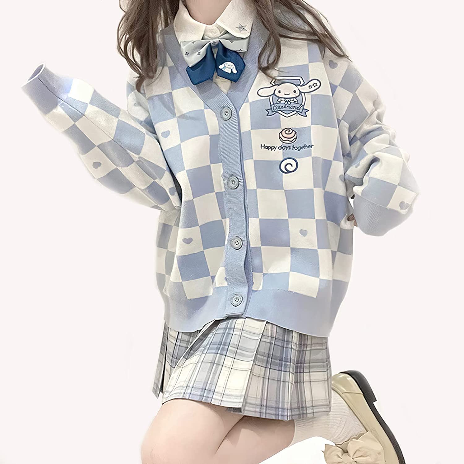 Cosplay Sweater Kawaii Button Knitted Outerwear Women's Japan Cute Cardigan Plaid Jk Uniform Cardigan Sweater (US, Alpha, Large, Regular, Regular, Blue)