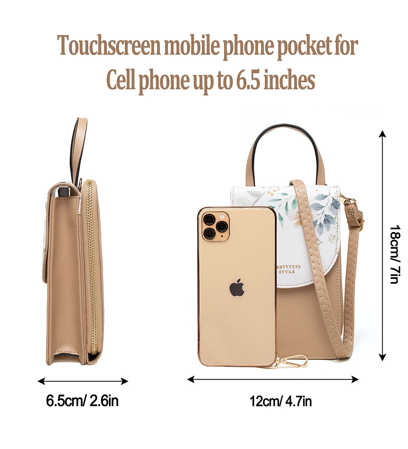 Skyearman Crossbody Cellphone Purse with Handle Womens Touch Screen Phone Bag Small Shoulder Purse for iPhone 1212 MiniXXR (Khaki)