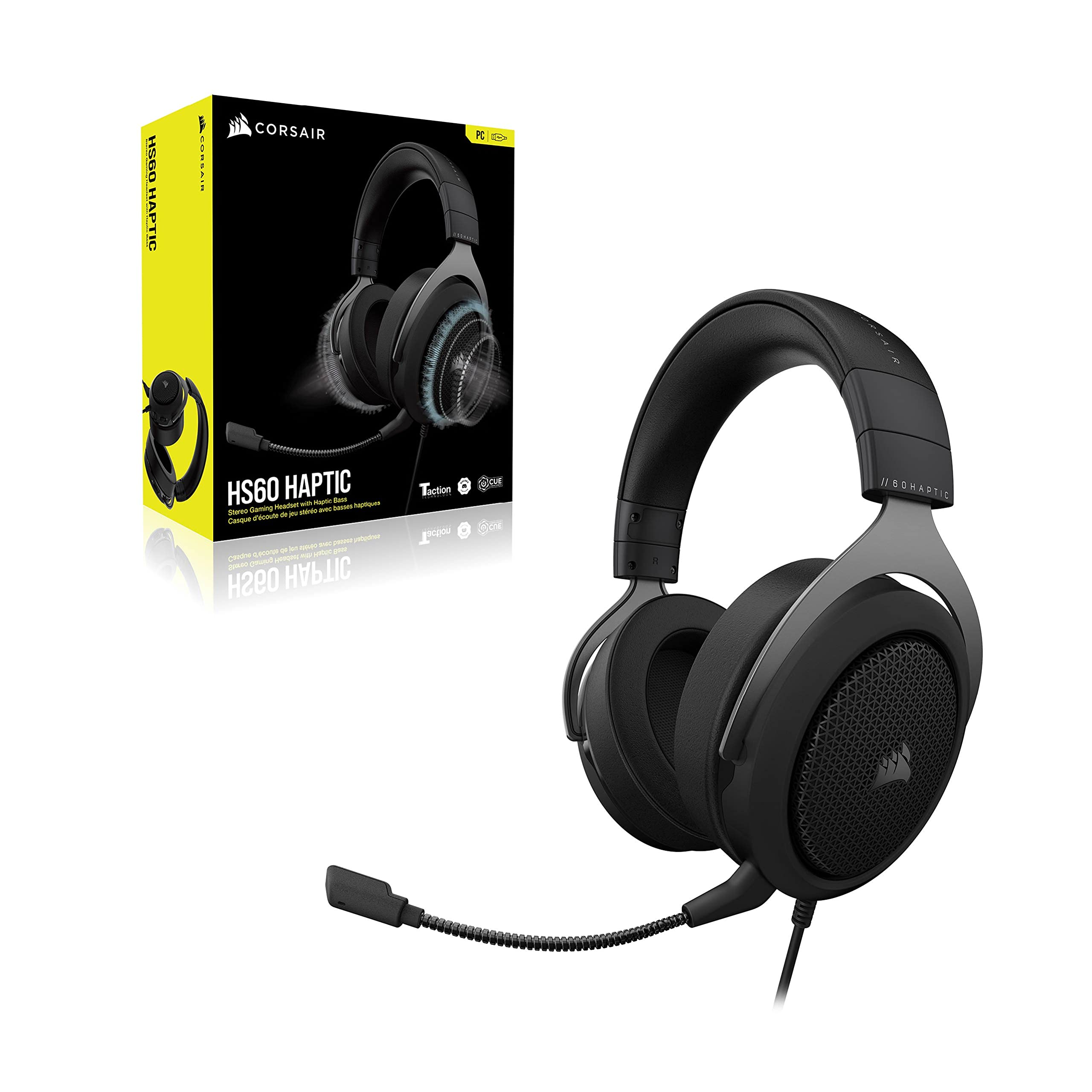 CORSAIR HS60 HAPTIC Stereo Gaming Headset with Haptic Bass, Carbon (Renewed)