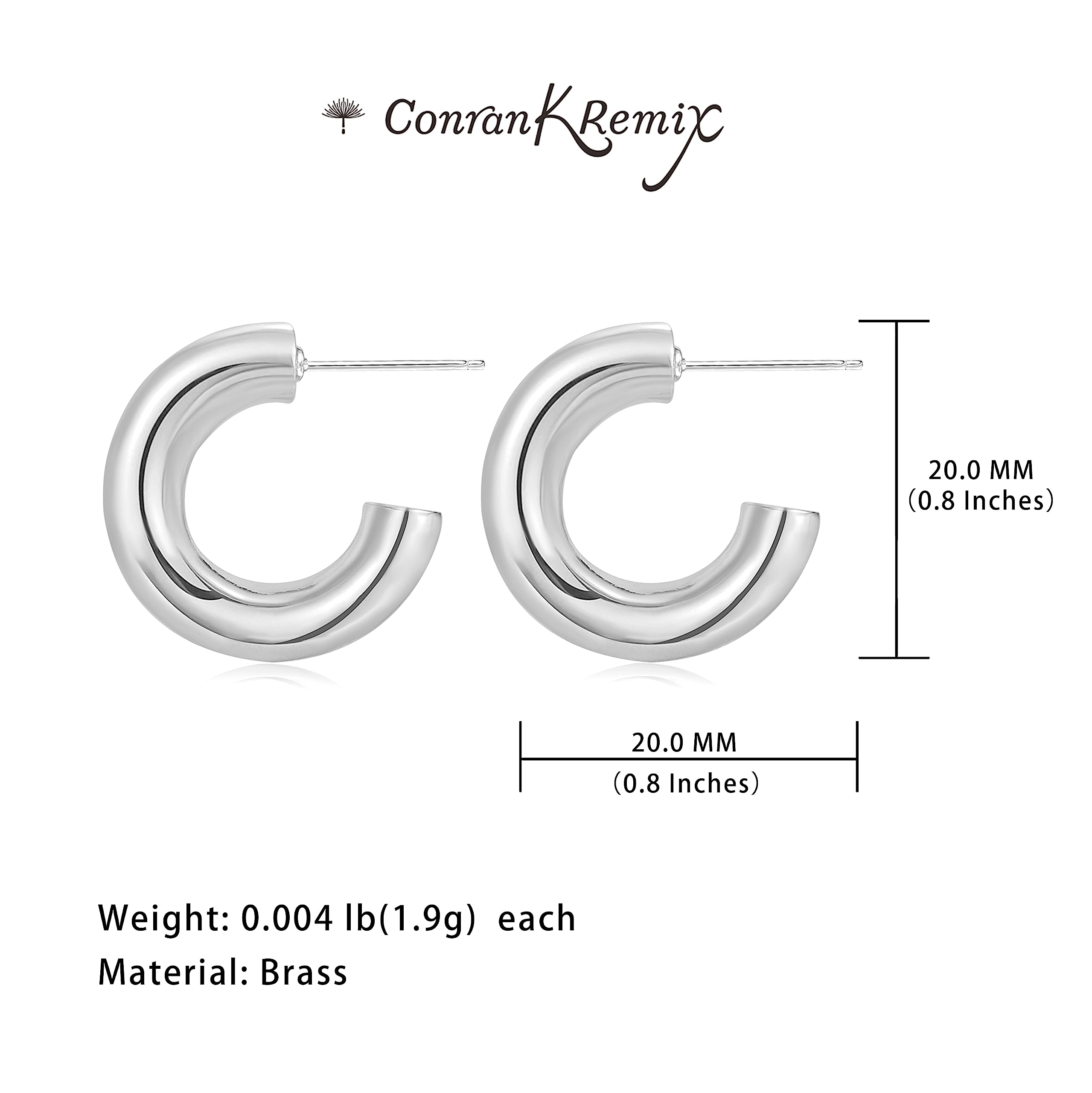 CONRAN KREMIX Thick Silver Chunky Hoop Earrings Lightweight Open Hoops For Women 20MM