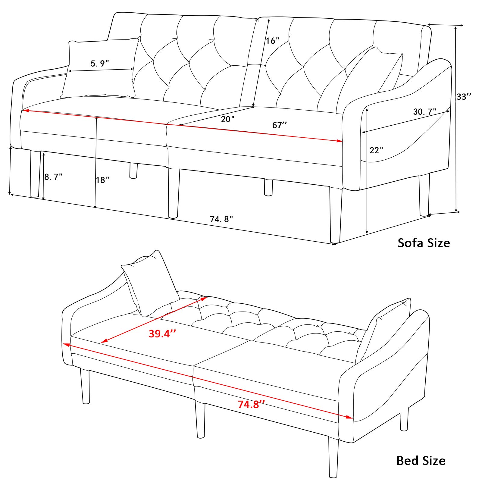 Olela Futon Sofa Bed Convertible Couch Bed with Armrests Modern Living Room Velvet Sofa Bed, Folding Recliner Futon Couch Sleeper Set with Wood Legs,Blue