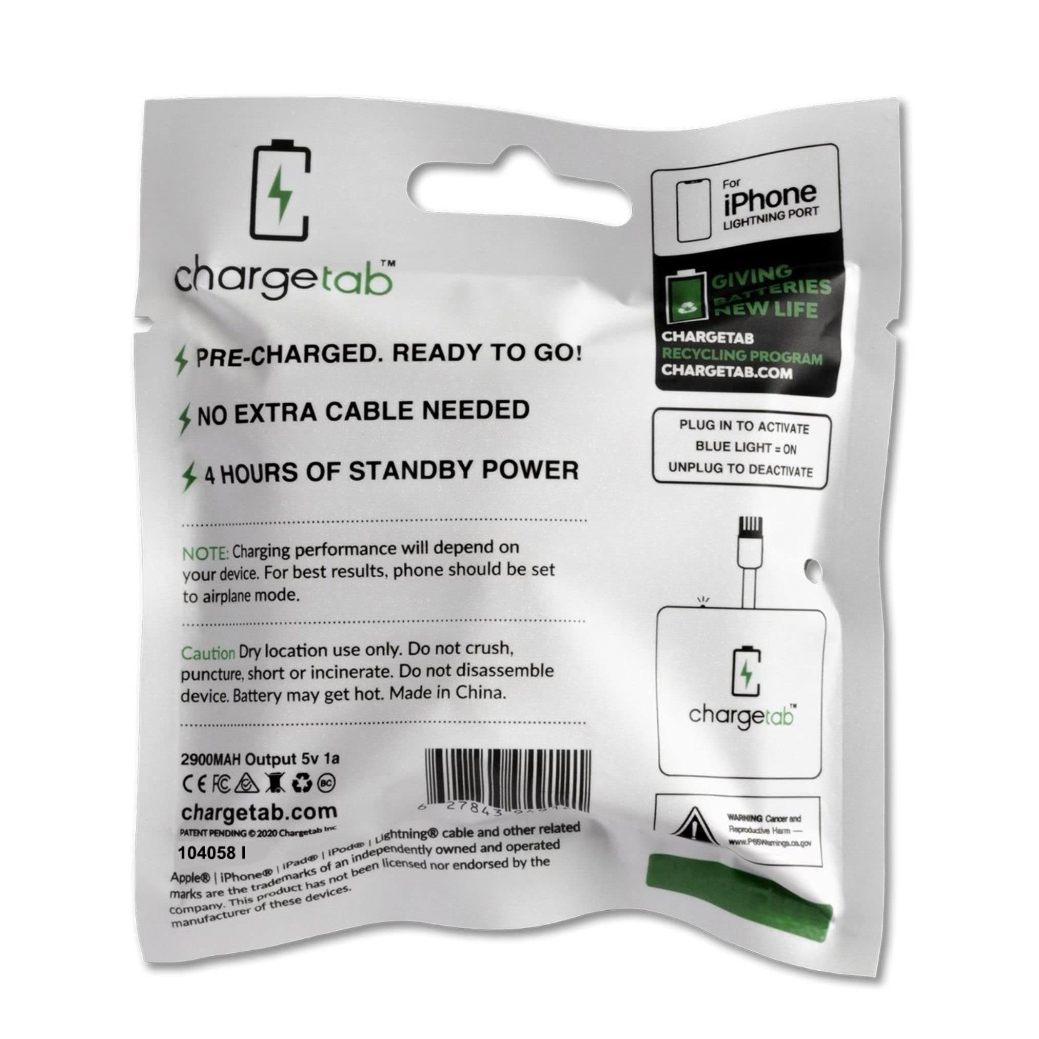 ChargeTab New V4 Emergency Portable Cell Phone Power, iPhone Compatible Lightning Charger, Pre-Charged Battery Pack with 2 Year Shelf Life (2900mAh Each) (6 Pack)