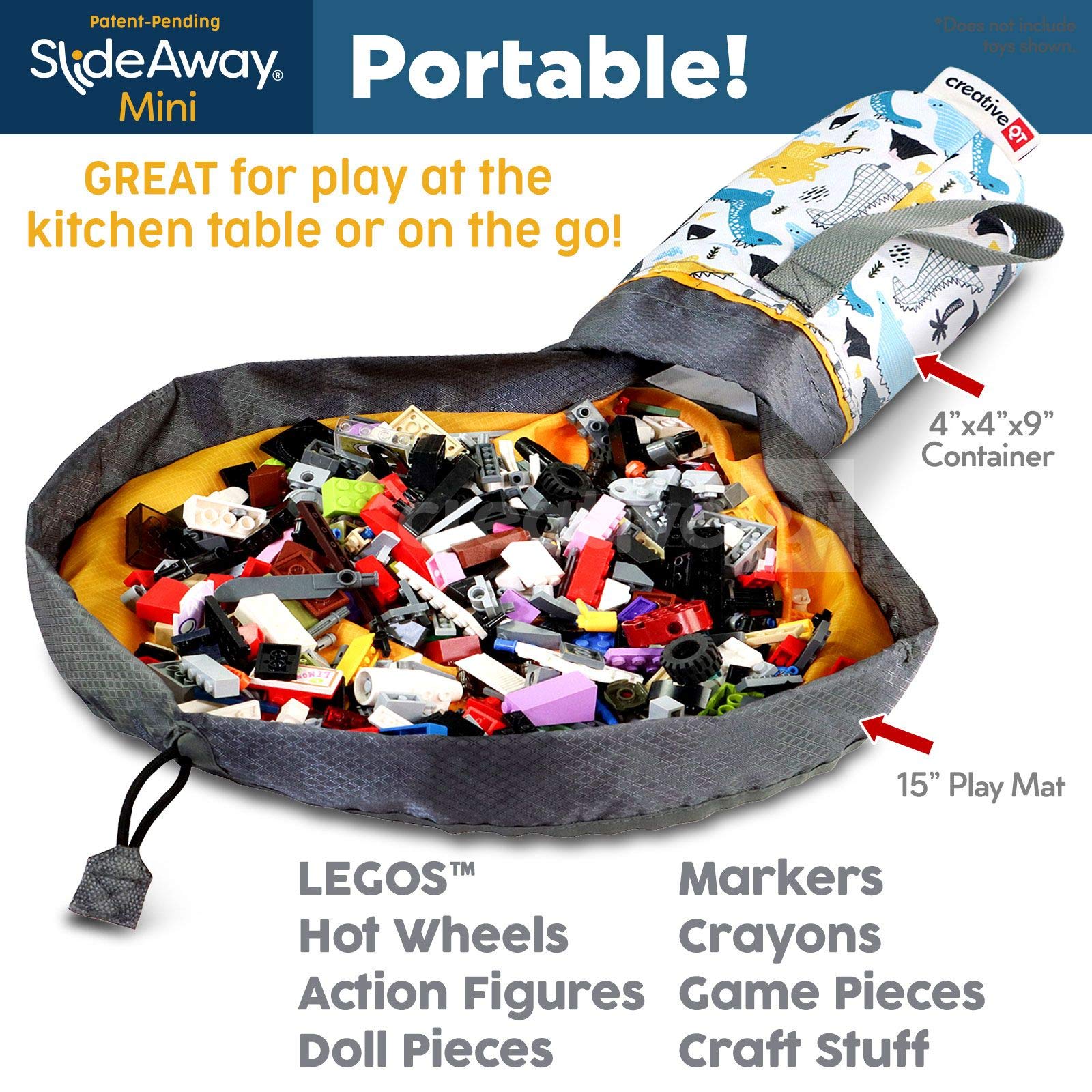 Creative QT SlideAway, Dinosaur Print, On-The-Go Mini Storage Bag and Table Top Play Mat For Kids and Toddlers, Room and Travel Toy Organizer