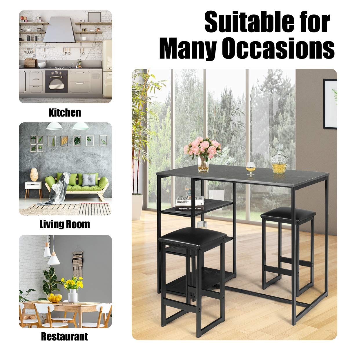 COSTWAY 3-Piece Dining Set, Compact 2 Chairs and Table Set, Kitchen Set with Rectangular Faux Marble, 3 Metal Storage Shelves, Fashionable Simple Style, Kitchen Counter Height Table Set (Gold)
